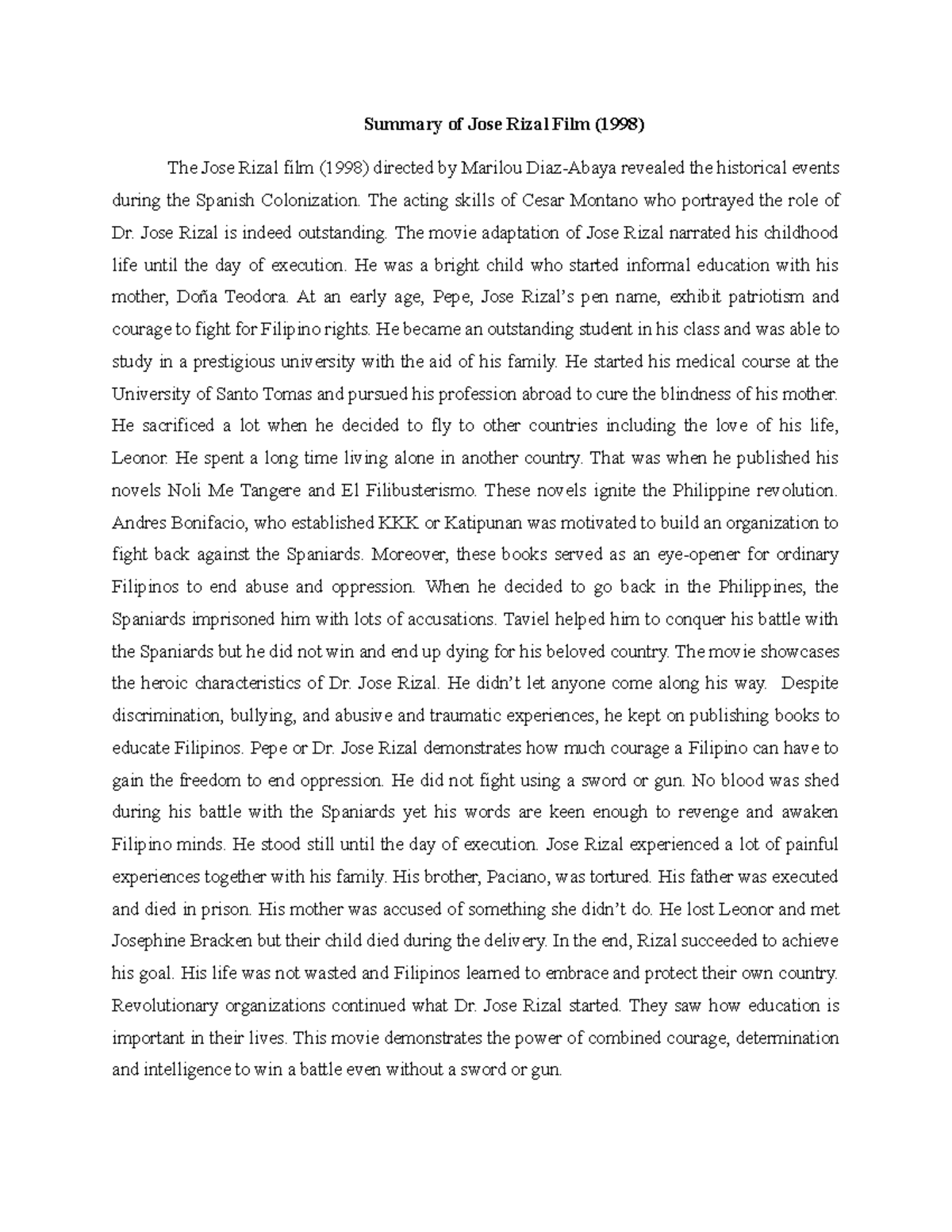 Summary of the 1998 Jose Rizal Film: A Historical Overview - Studocu