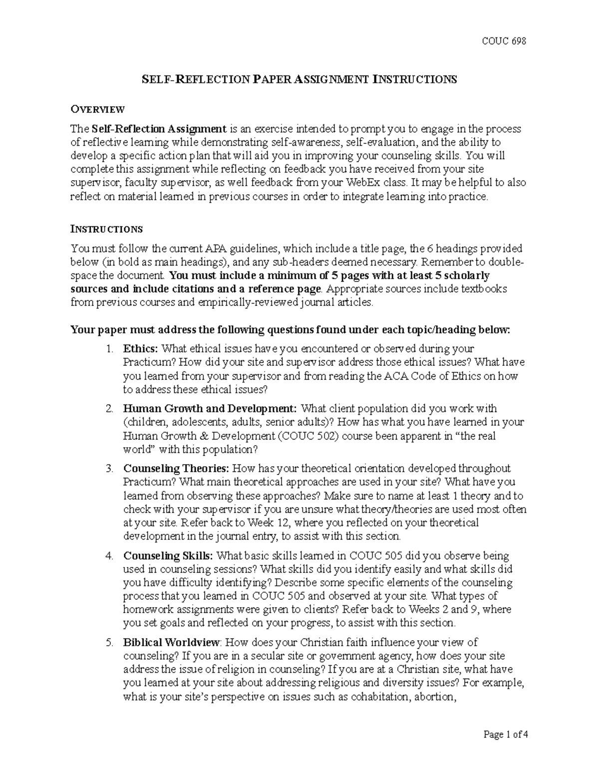 Self-Reflection Paper Assignment - SELF-REFLECTION PAPER ASSIGNMENT ...