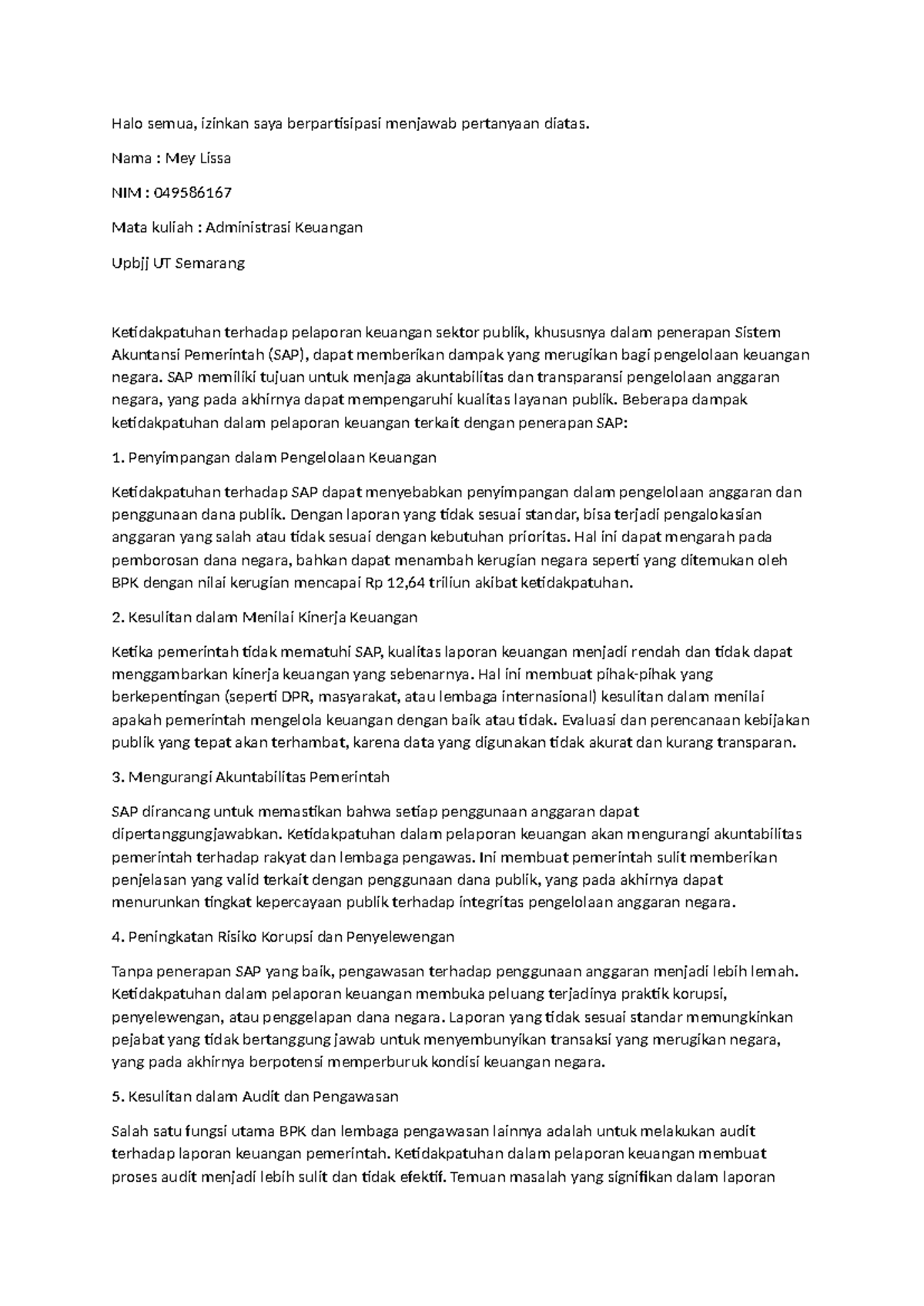 Diskusi Sesi 4: Ketidakpatuhan Pelaporan Keuangan dalam Administrasi Uang - Studocu