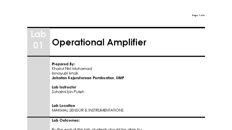 Lab 01: Operational Amplifier Experiment and Technical Report - Studocu