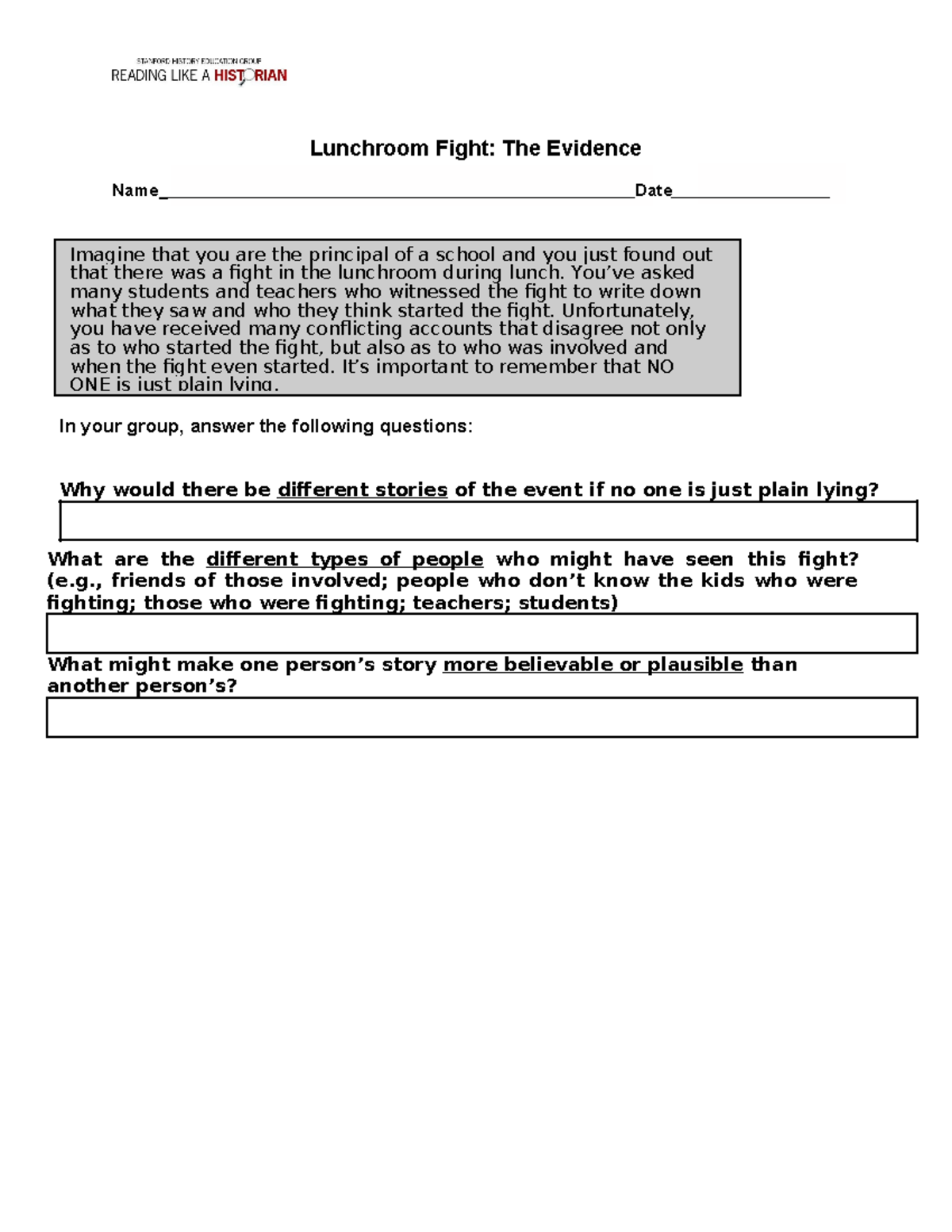 Lunchroom Fight Activity: Analyzing Perspectives & Evidence - Studocu