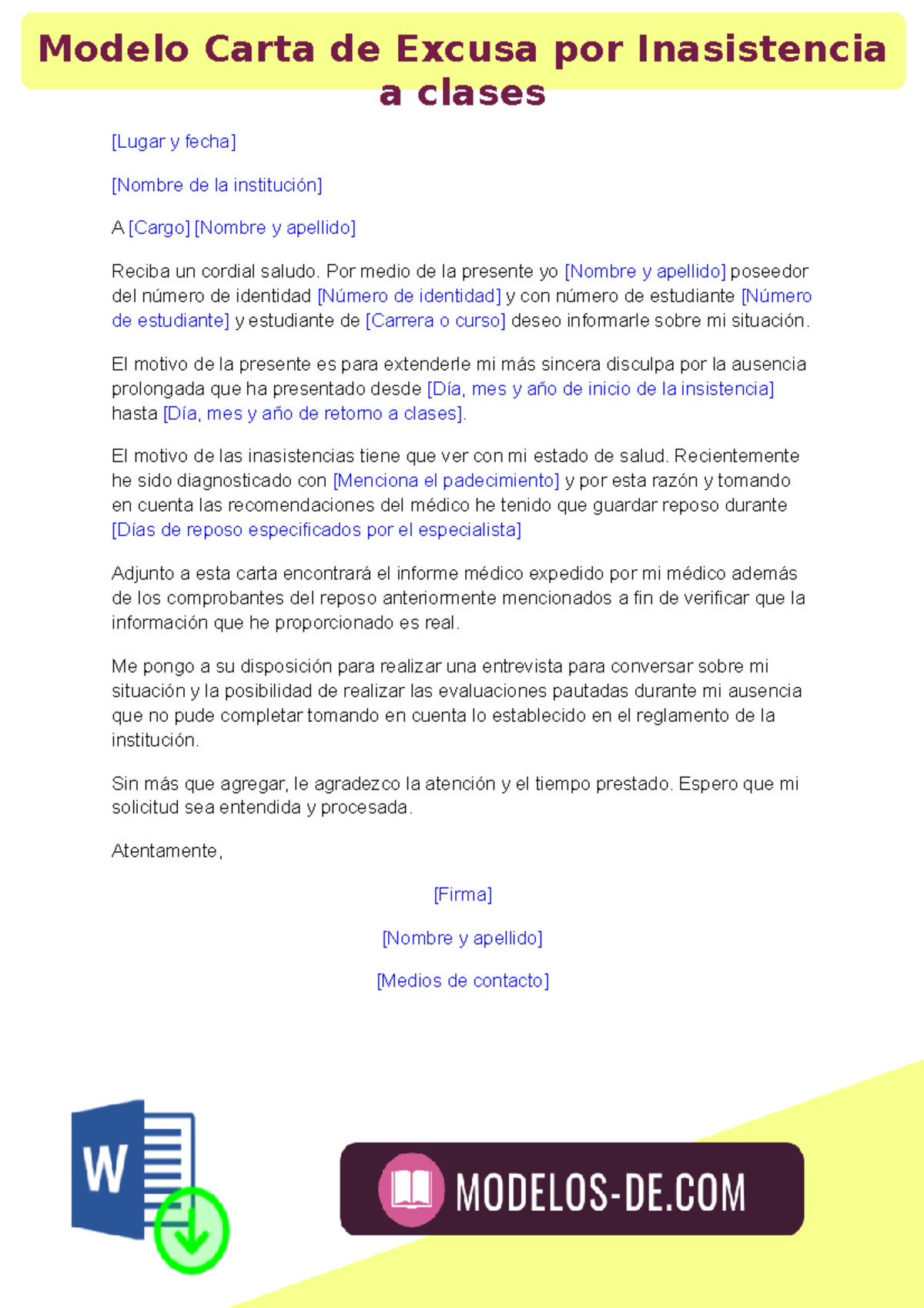 Modelo de Carta de Excusa por Inasistencia a Clases - Ejemplo - Studocu