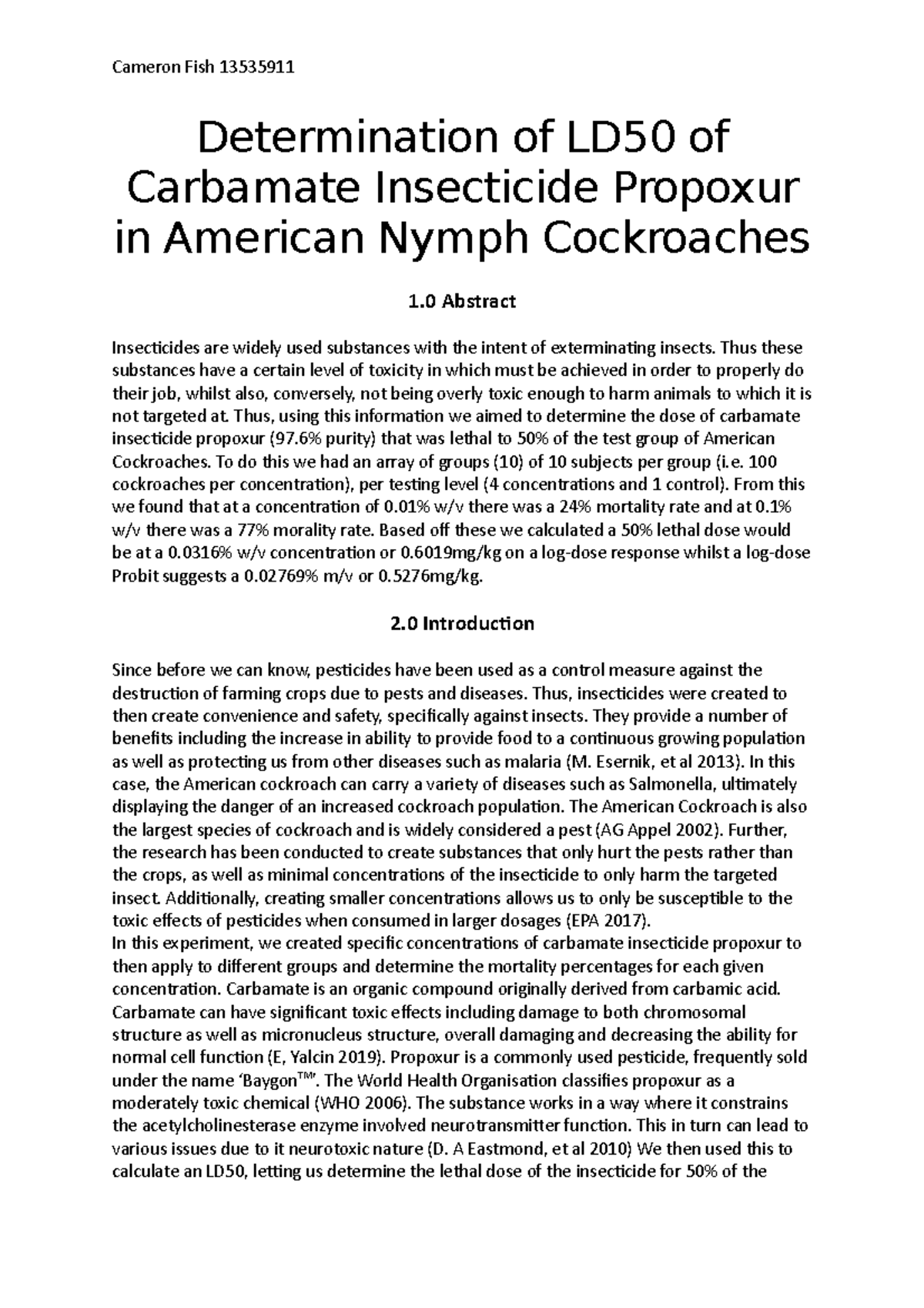 Lab Report - LD50 Cockroaches - Determination of LD50 of Carbamate ...