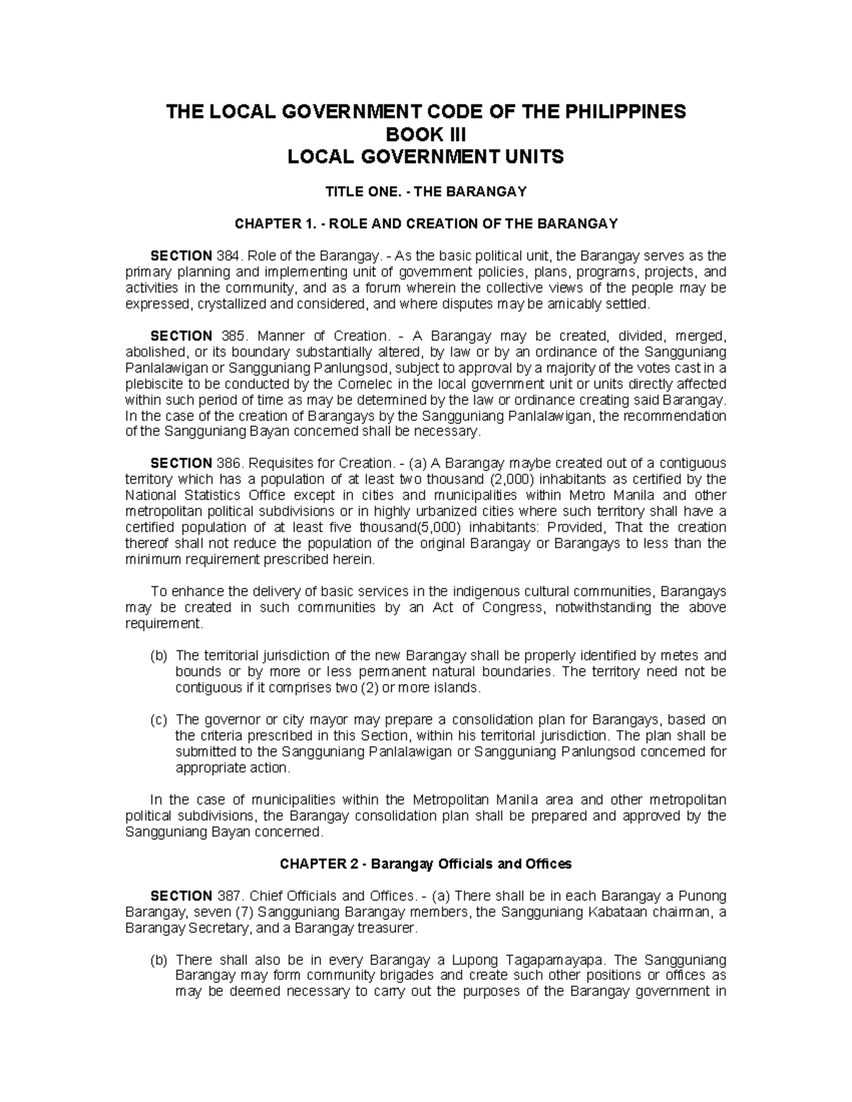 Creation of Local Government Units: Understanding the Barangay in the ...