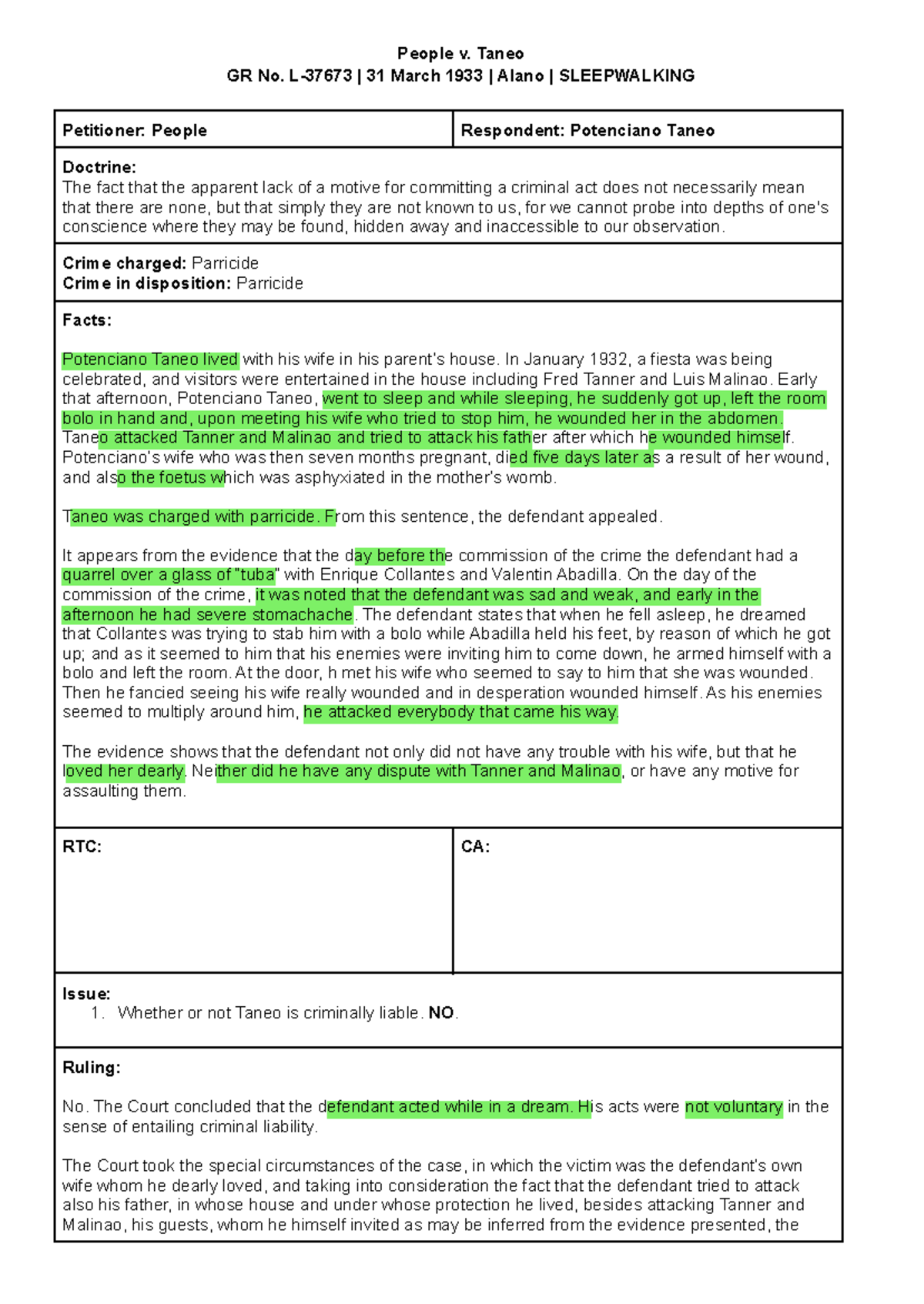 People vs. Taneo: Analysis of Sleepwalking Defense in Parricide Case ...
