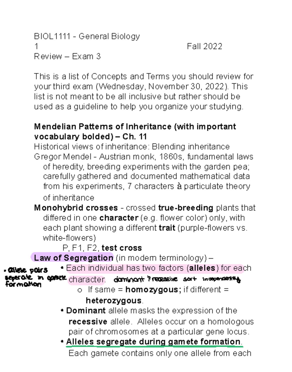 Exam 3 Review Topic Sheet - BIOL1111 - General Biology 1 Fall 2022 ...