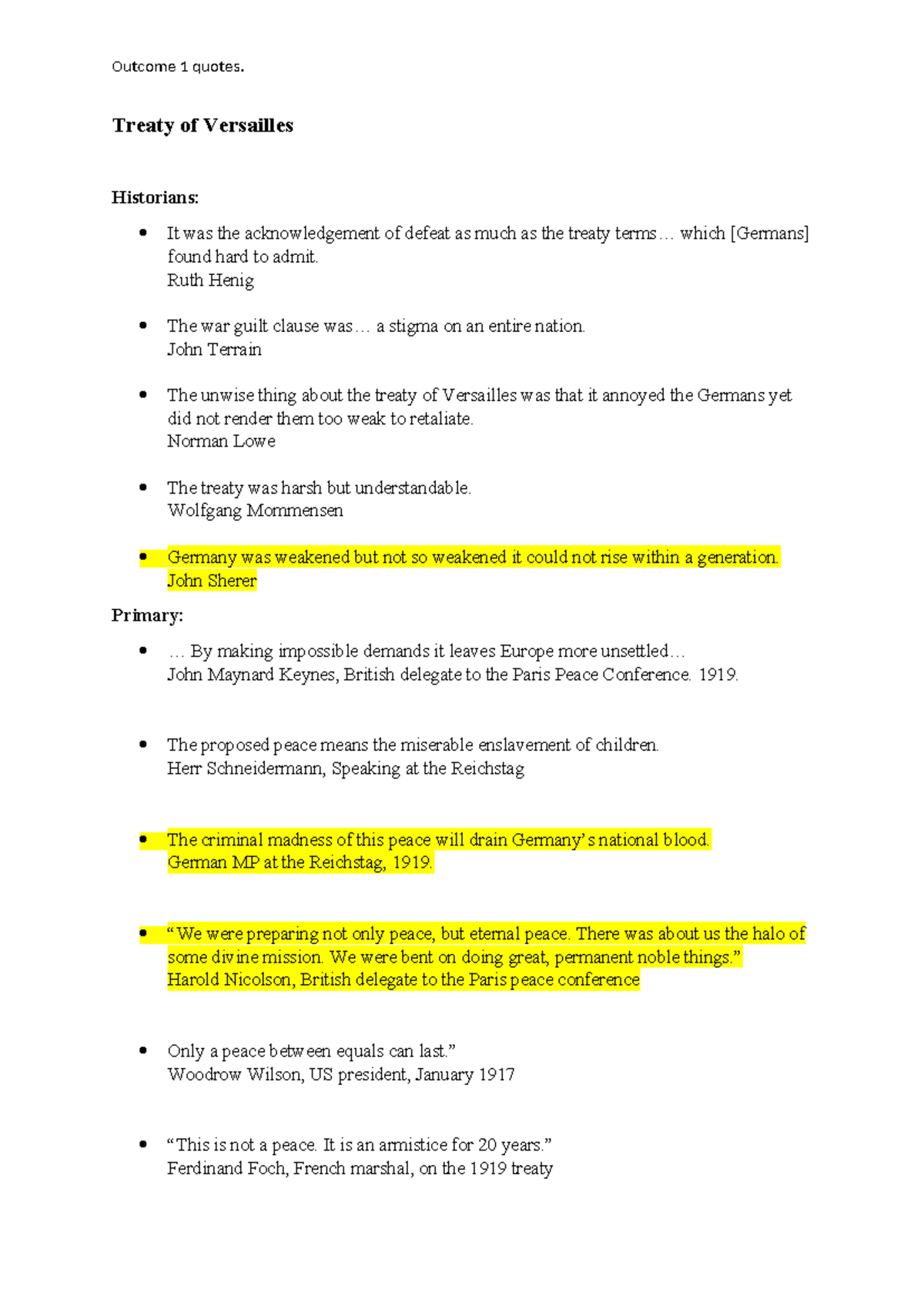Outcome 1 Quotes: Treaty of Versailles & League of Nations Analysis ...