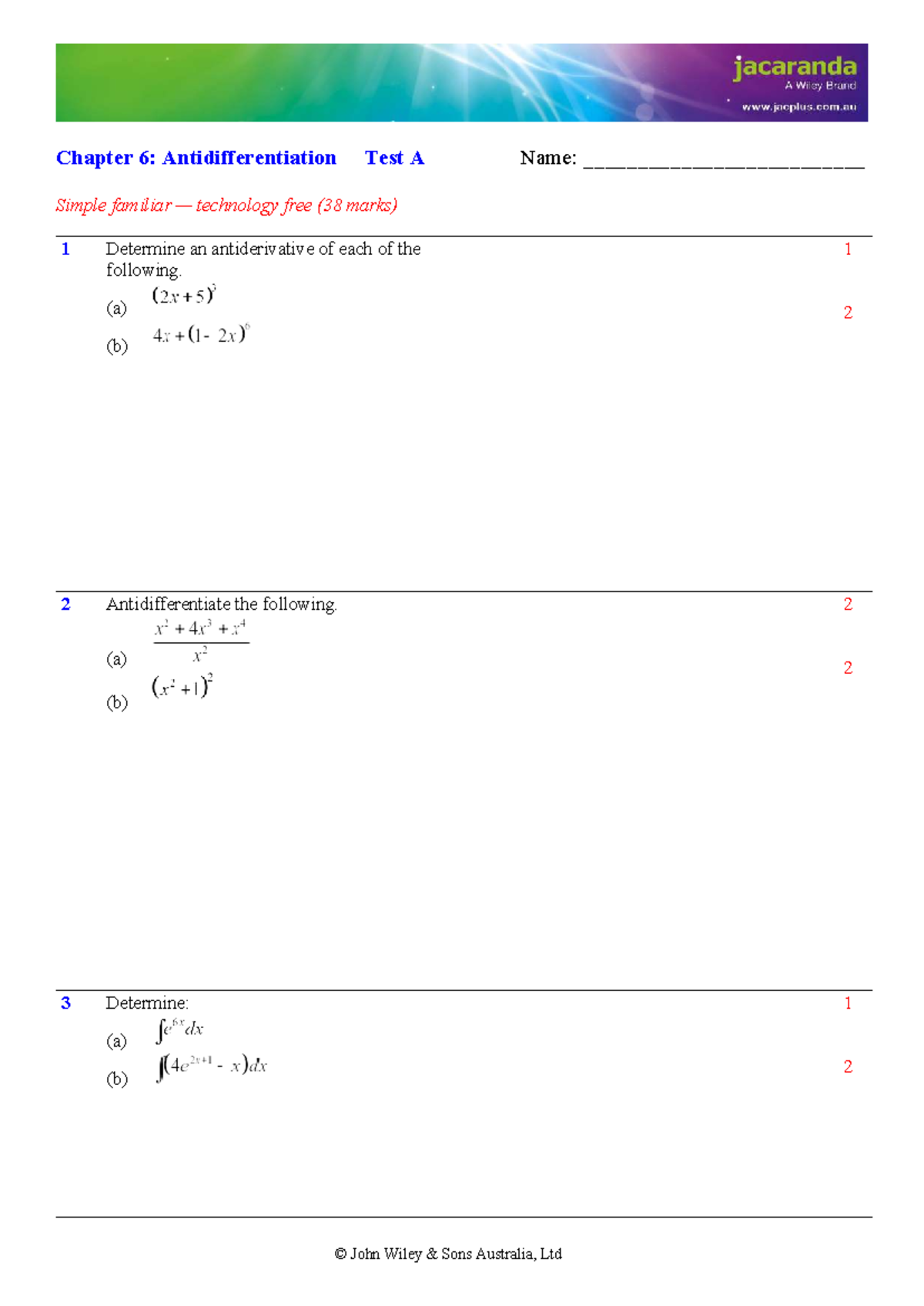 Chapter 6: Antidifferentiation Test A - Maths Quest 12 Methods - Studocu