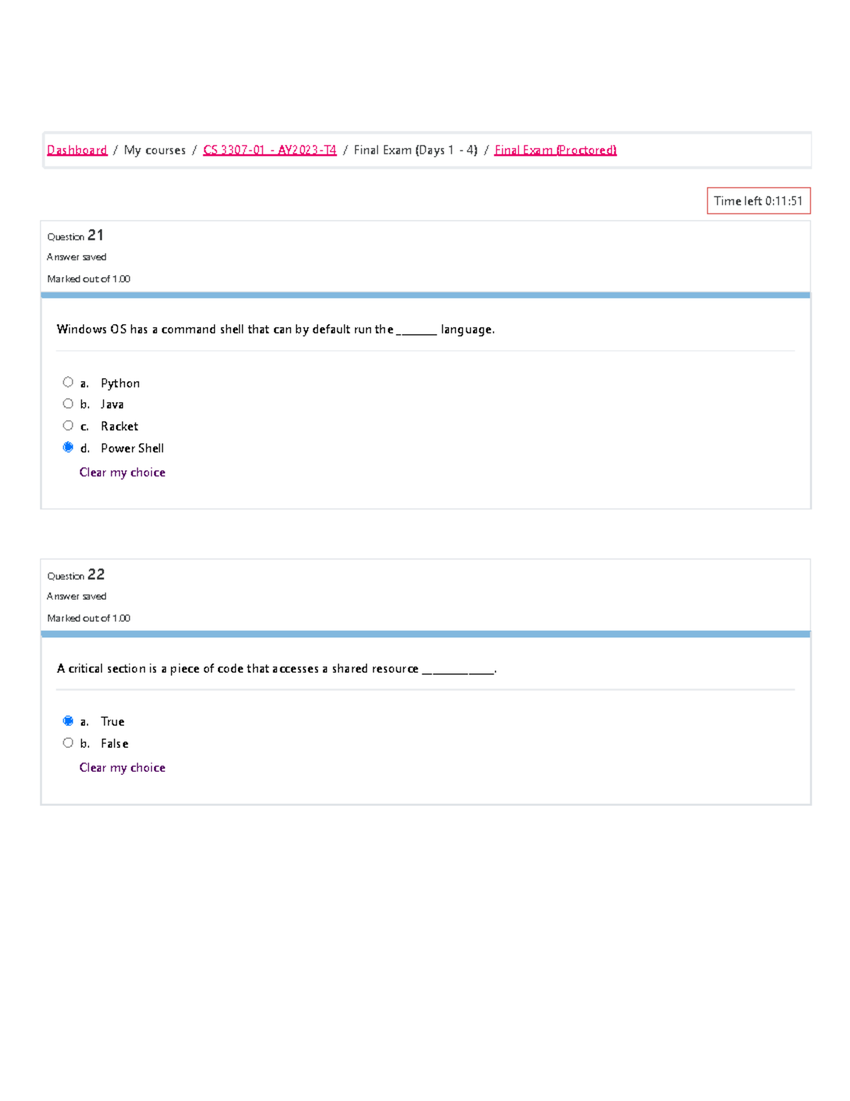 Final Exam (Proctored) for CS 3307-01: Questions & Answers Summary ...