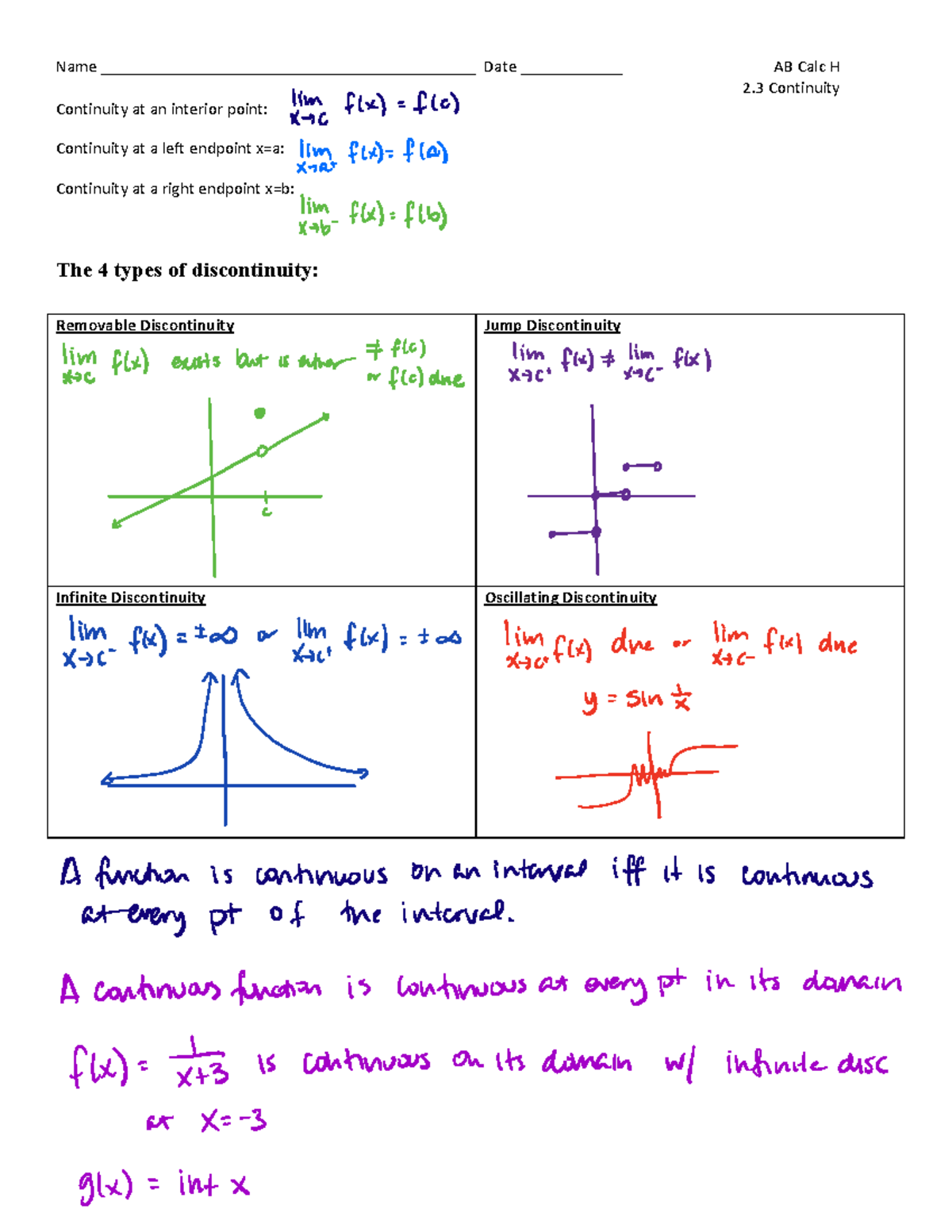 Calculus AB: Continuity & Discontinuities Notes (H 2.3) - Studocu