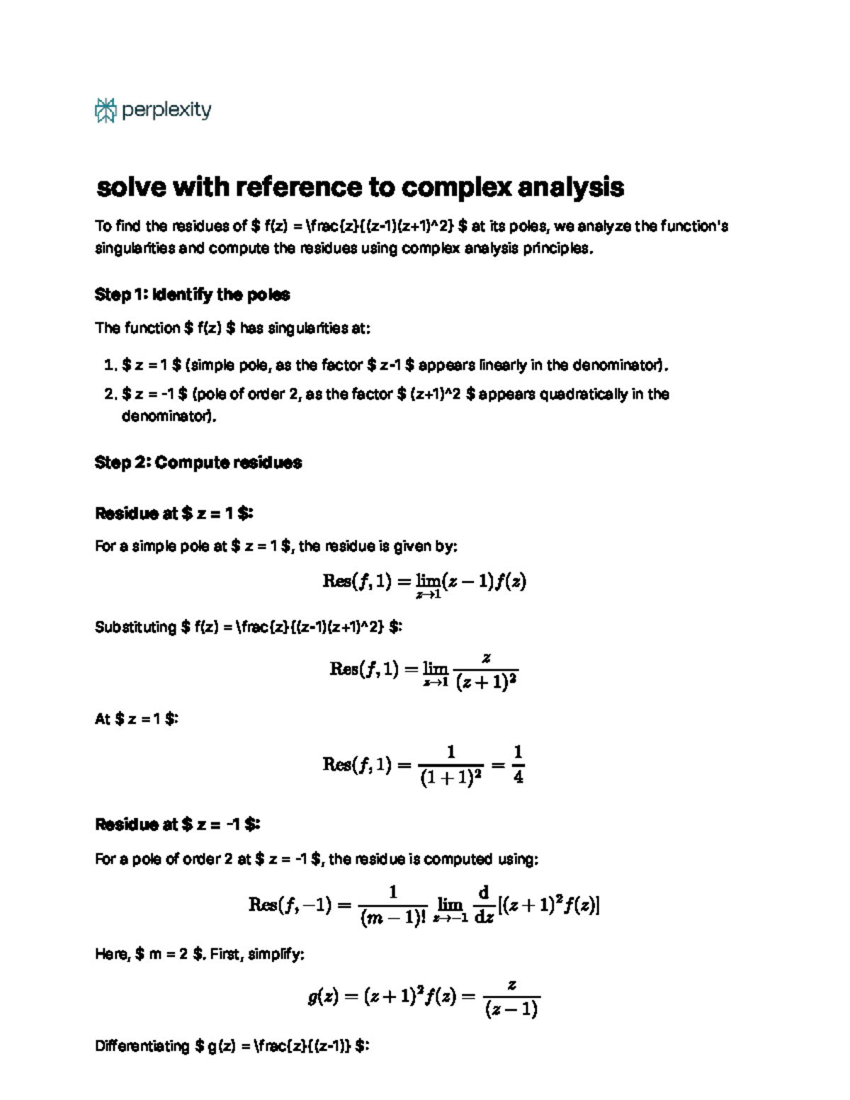 Solve with reference to complex analysis - To find the residues of $ f ...