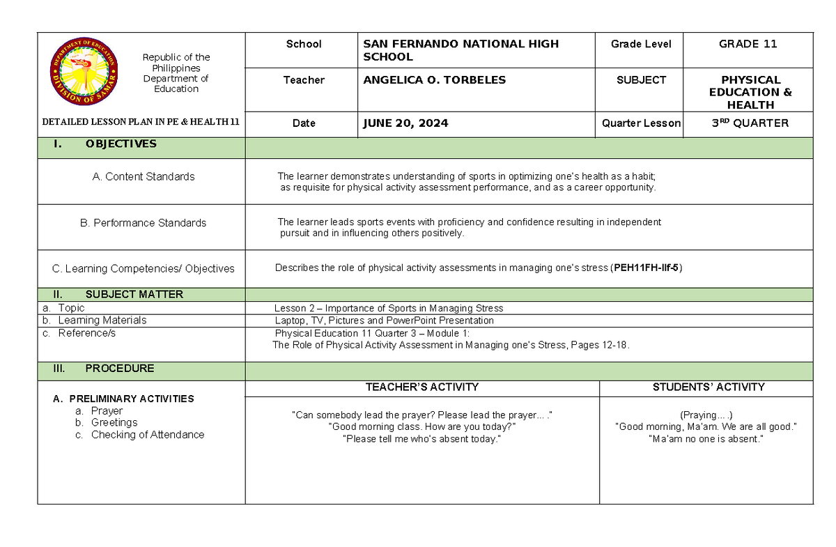Detailed Lesson Plan in PE Health 11: Managing Stress through Sports ...