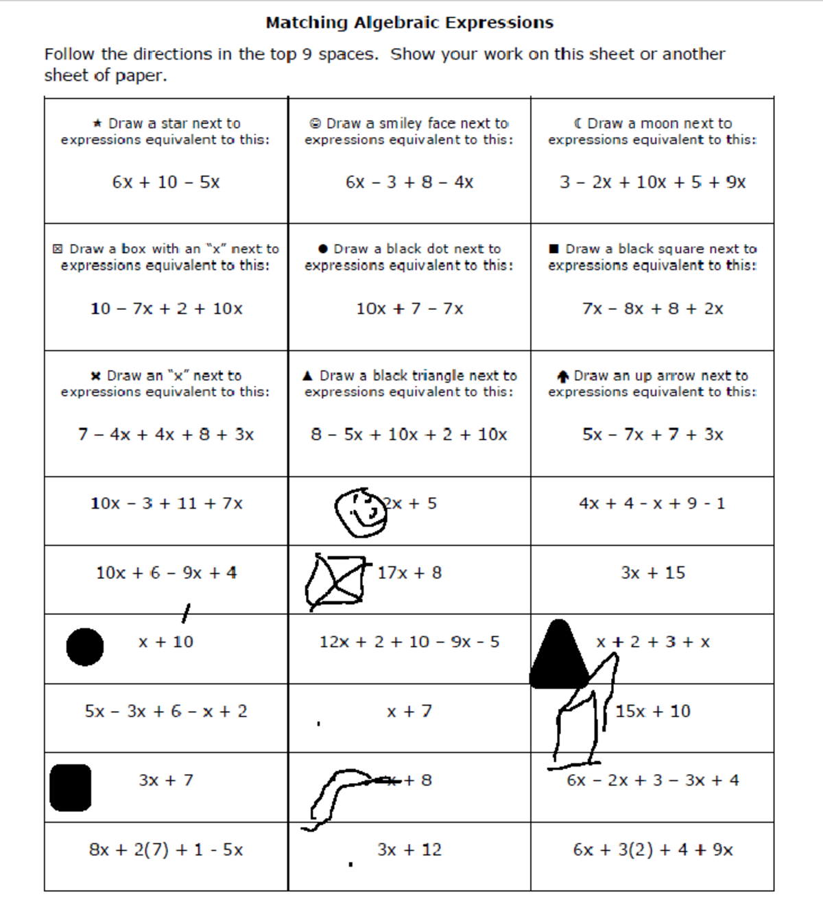 Matching Algebraic Expressions - Math 101 Worksheet - Studocu