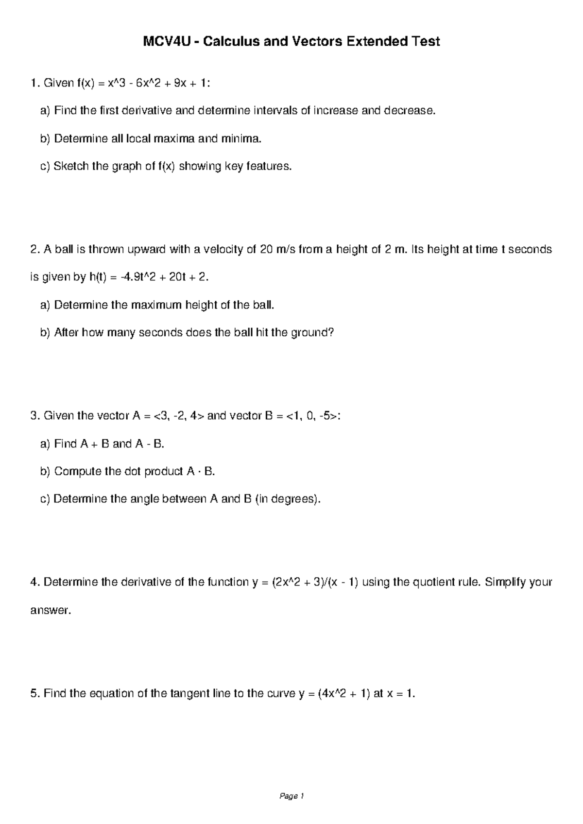 MCV4U Calculus and Vectors Extended Test 1 Writing Space - Studocu