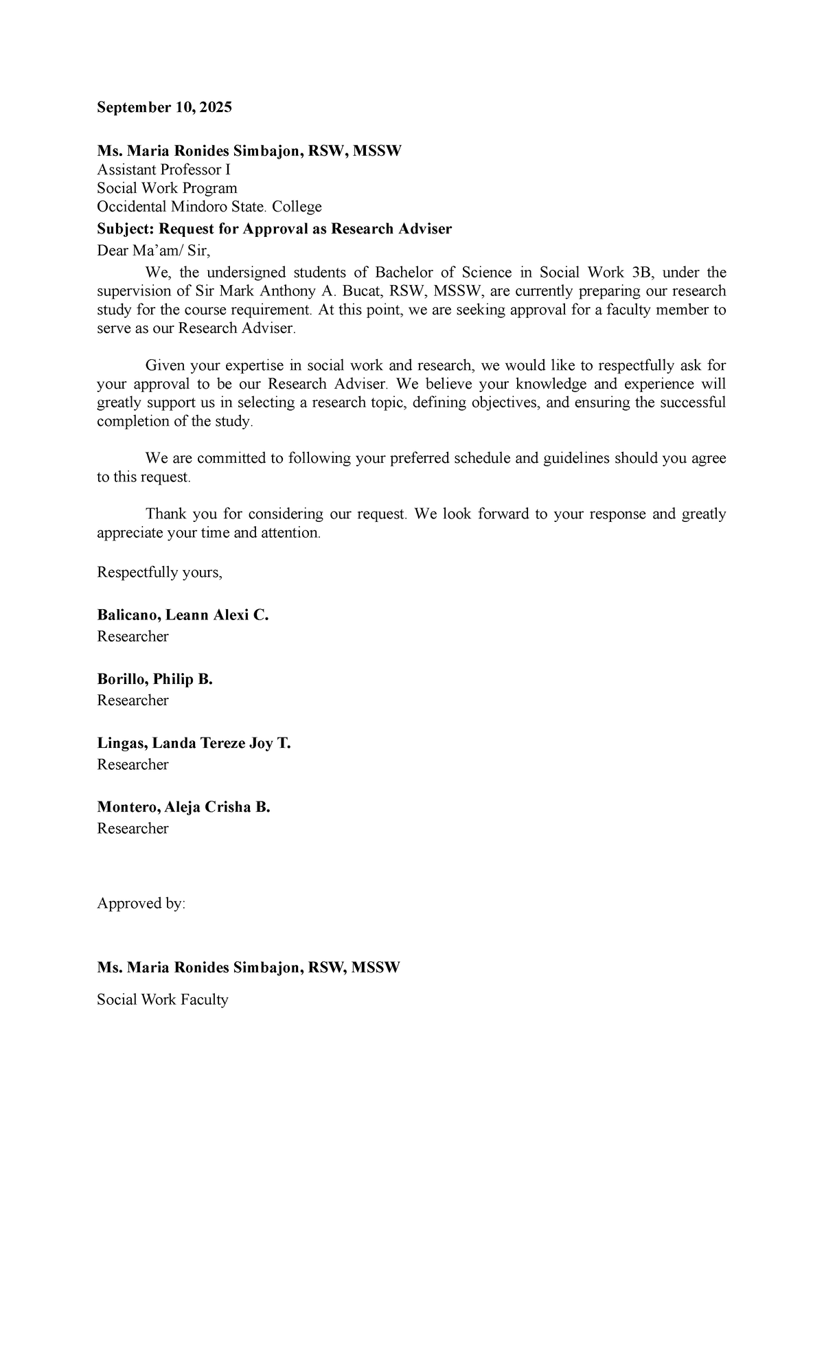 Request for Research Adviser Approval - BS Social Work 3B - Studocu