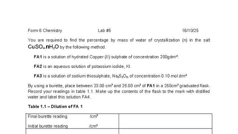 Form 6 Chemistry Lab: Water of Crystallization by Titration - Studocu