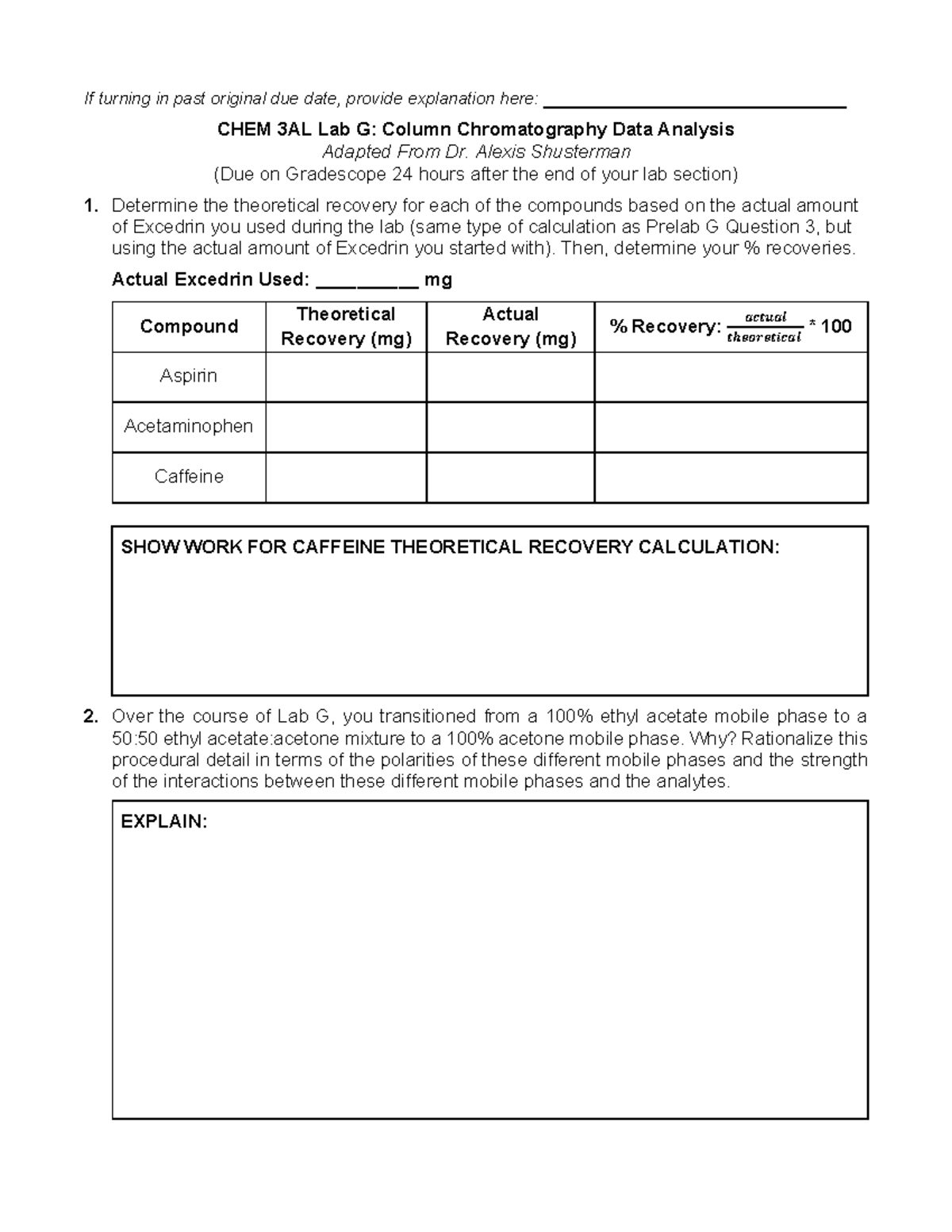 CHEM 3AL Lab G: Column Chromatography Data Analysis & Recovery ...