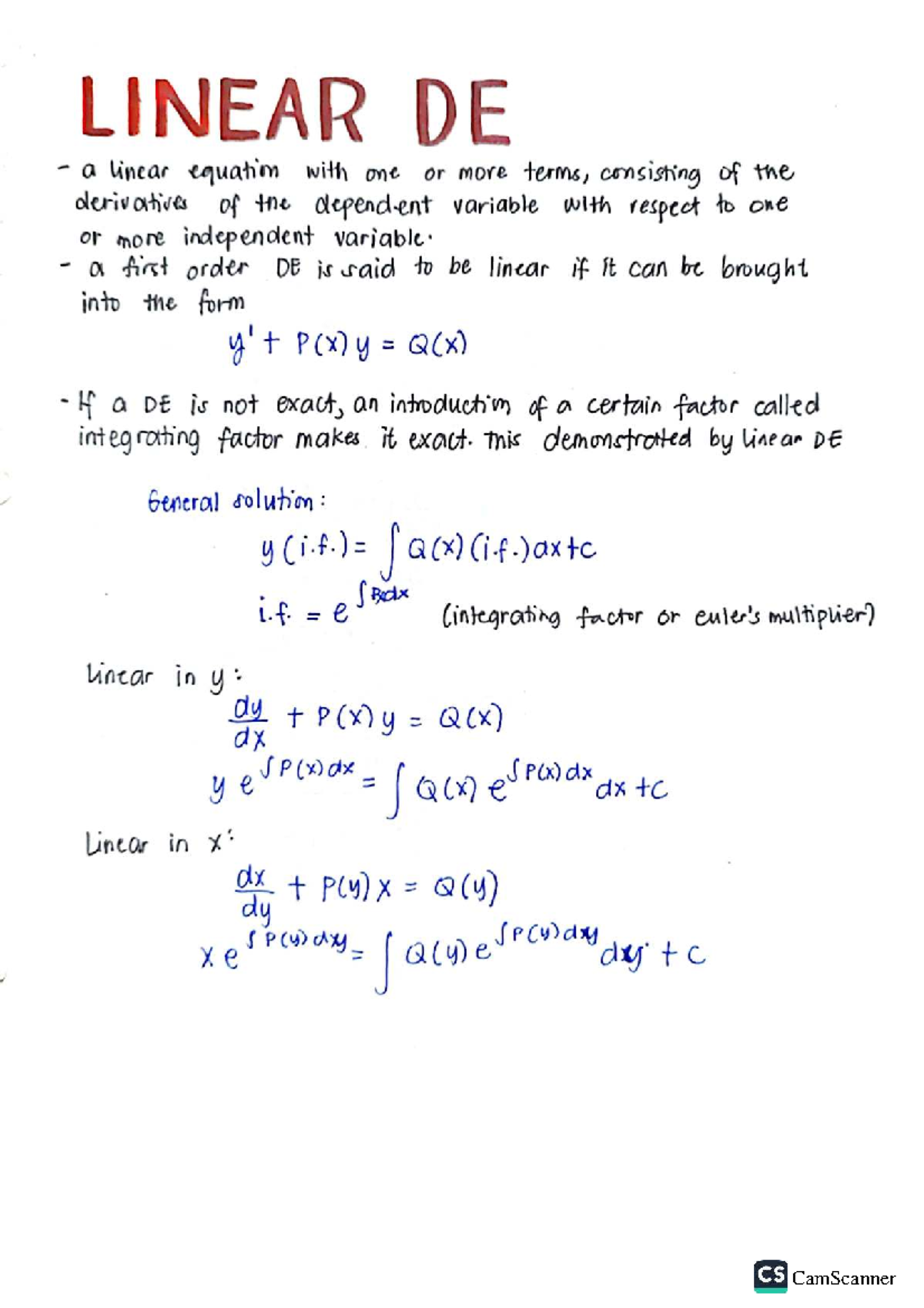DE Lesson 2: Linear & Bernoulli Differential Equations and Growth - Studocu