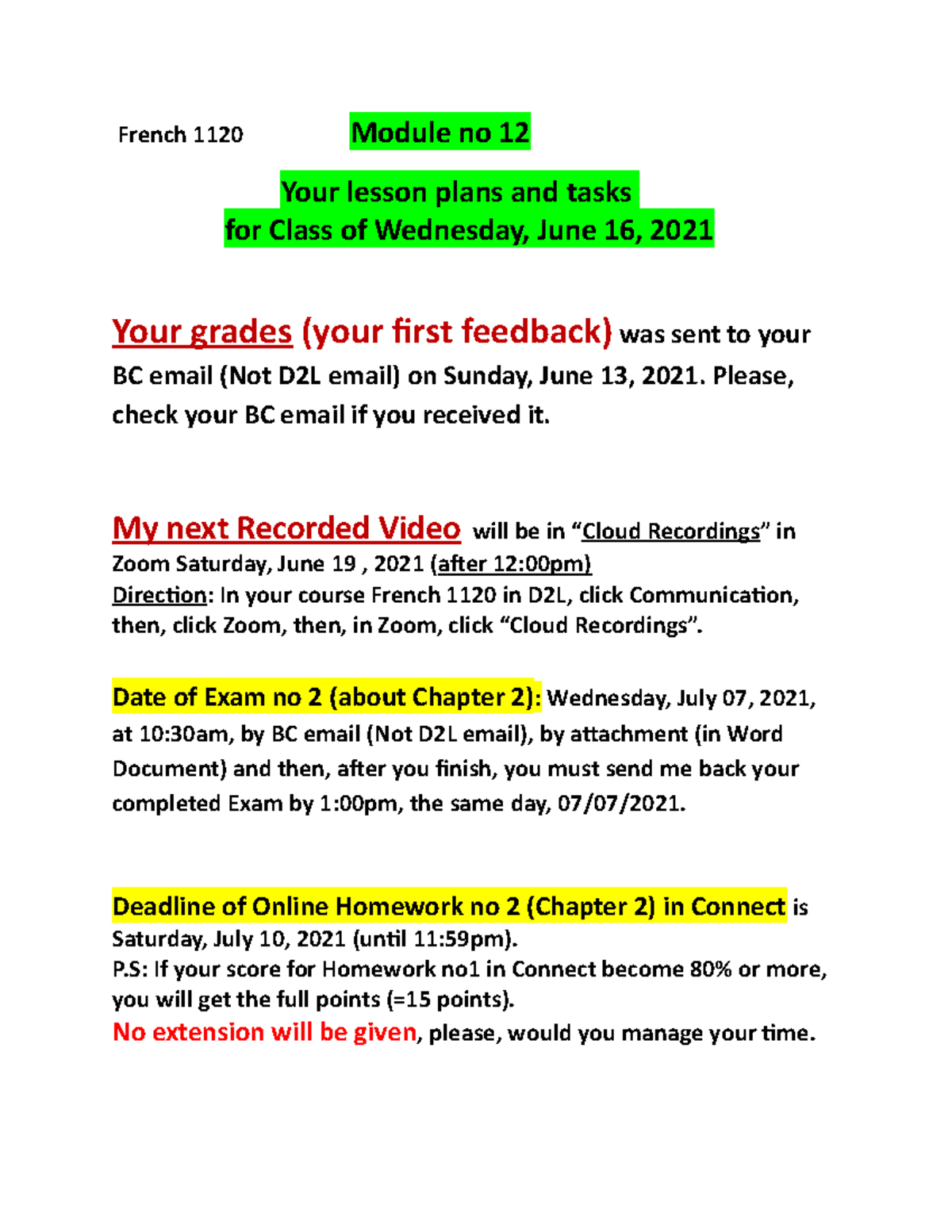 Module no 12 Your lesson plans and tasks for Class of Wednesday, June ...