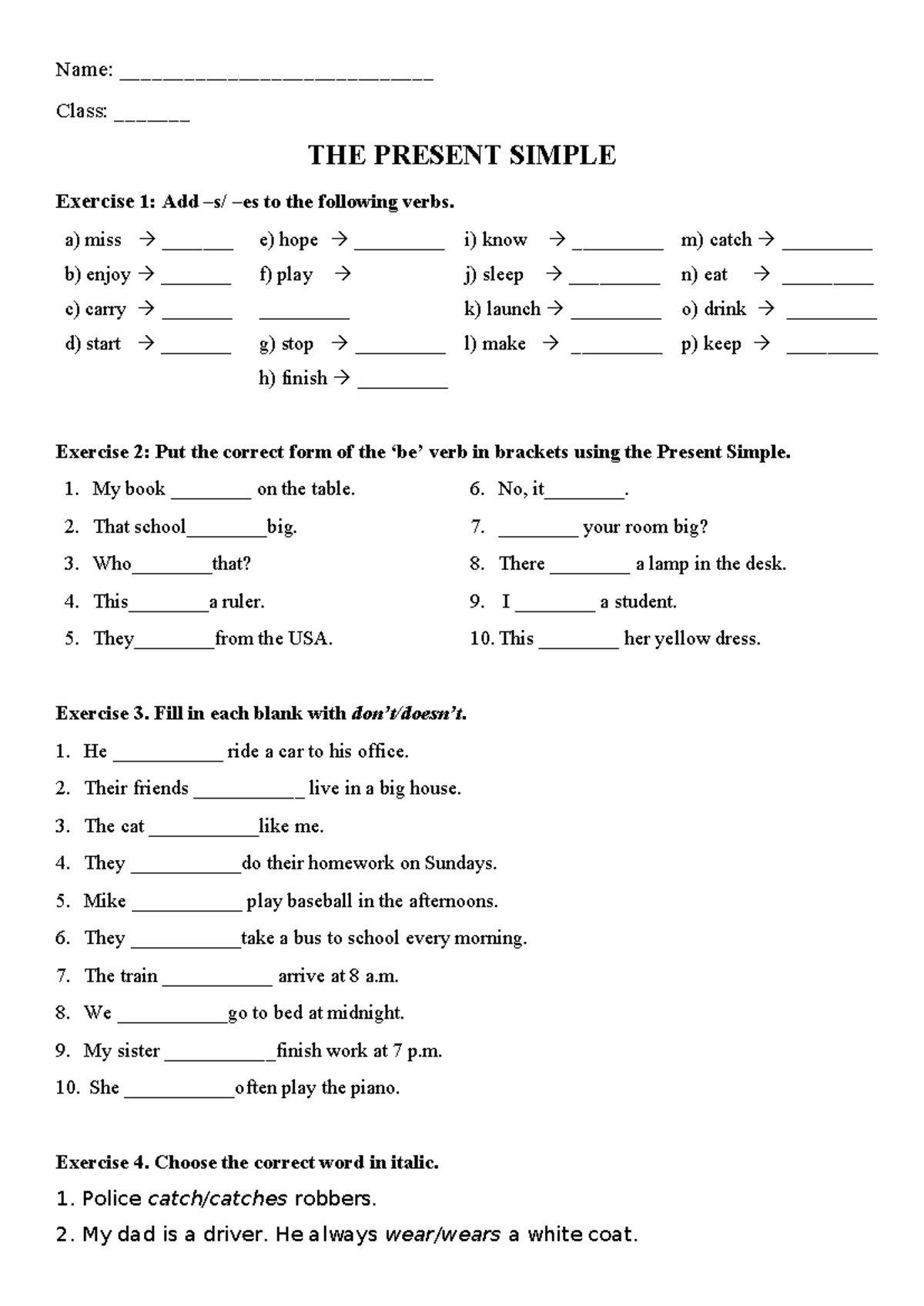 Present Simple - Workbook Exercises for English Class - Studocu