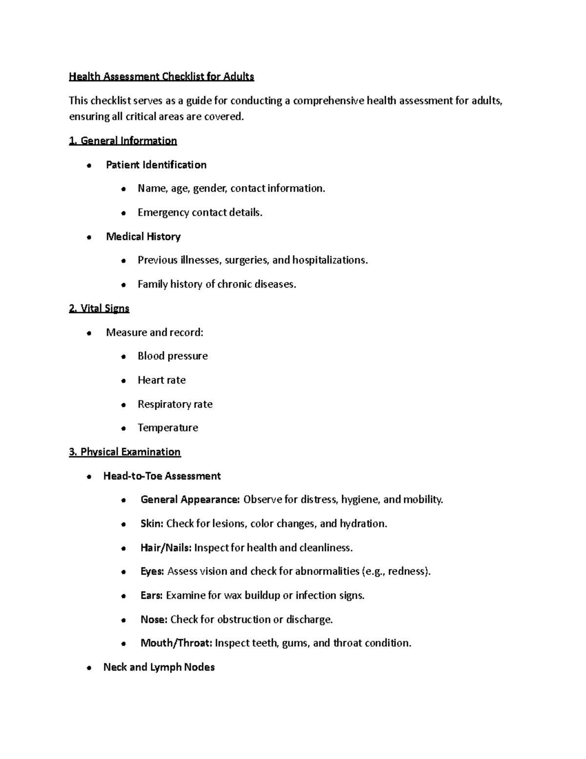 Health Assessment Checklist for Adults: Comprehensive Guide - Studocu