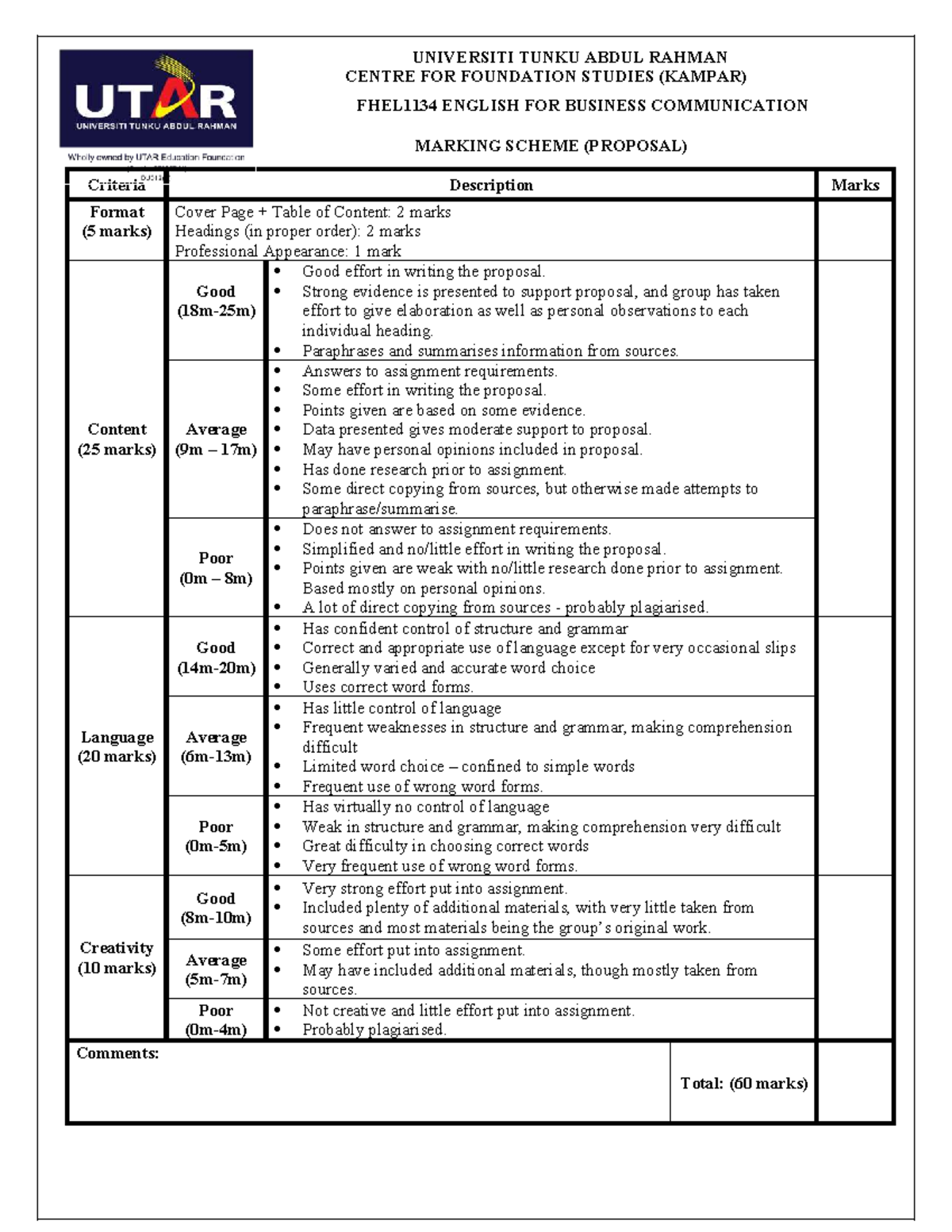 FHEL1134 EBC Proposal Marking Scheme Criteria Overview - Studocu