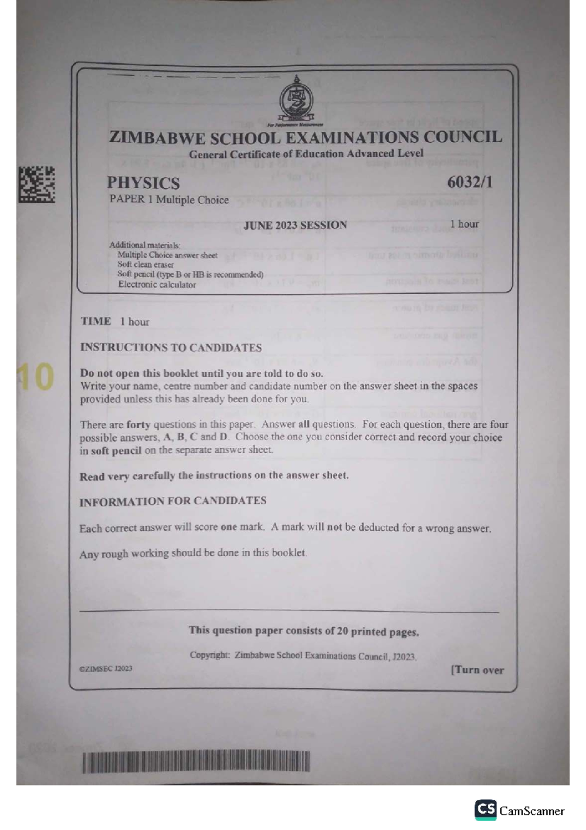 ZIMSEC A Level Physics Paper 1 Multiple Choice June 2023 - Studocu