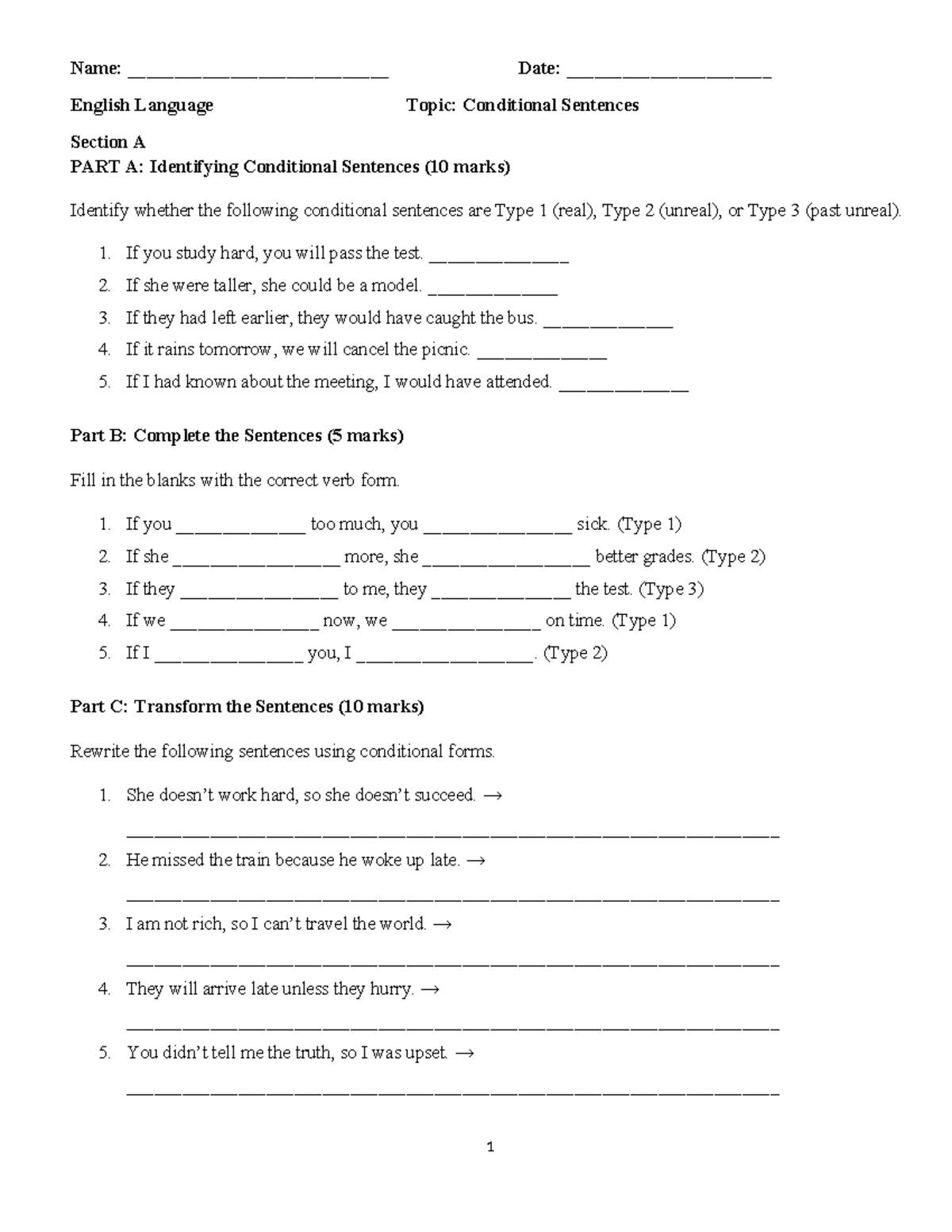 Exam- conditionals - Types of conditional sentences - Name ...