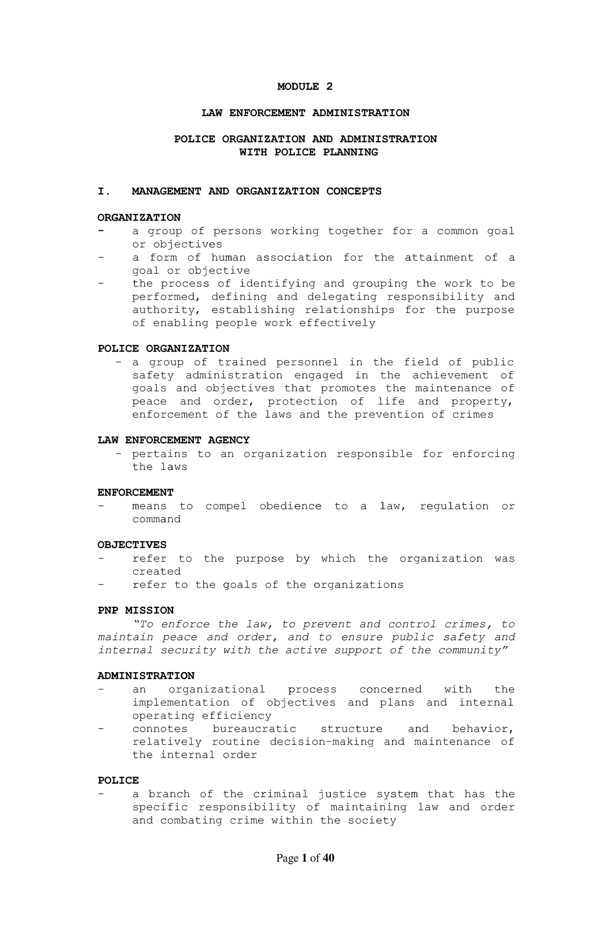 LEA Reviewer - Law Enforcement Administration Concepts and Organization ...