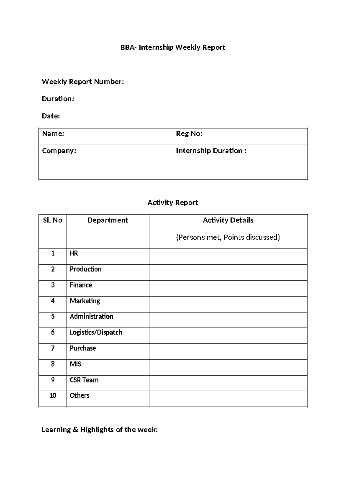 SIP Weekly Report - Template (Upload) - Finance and Accounting - BBA- Internship Weekly Report ...