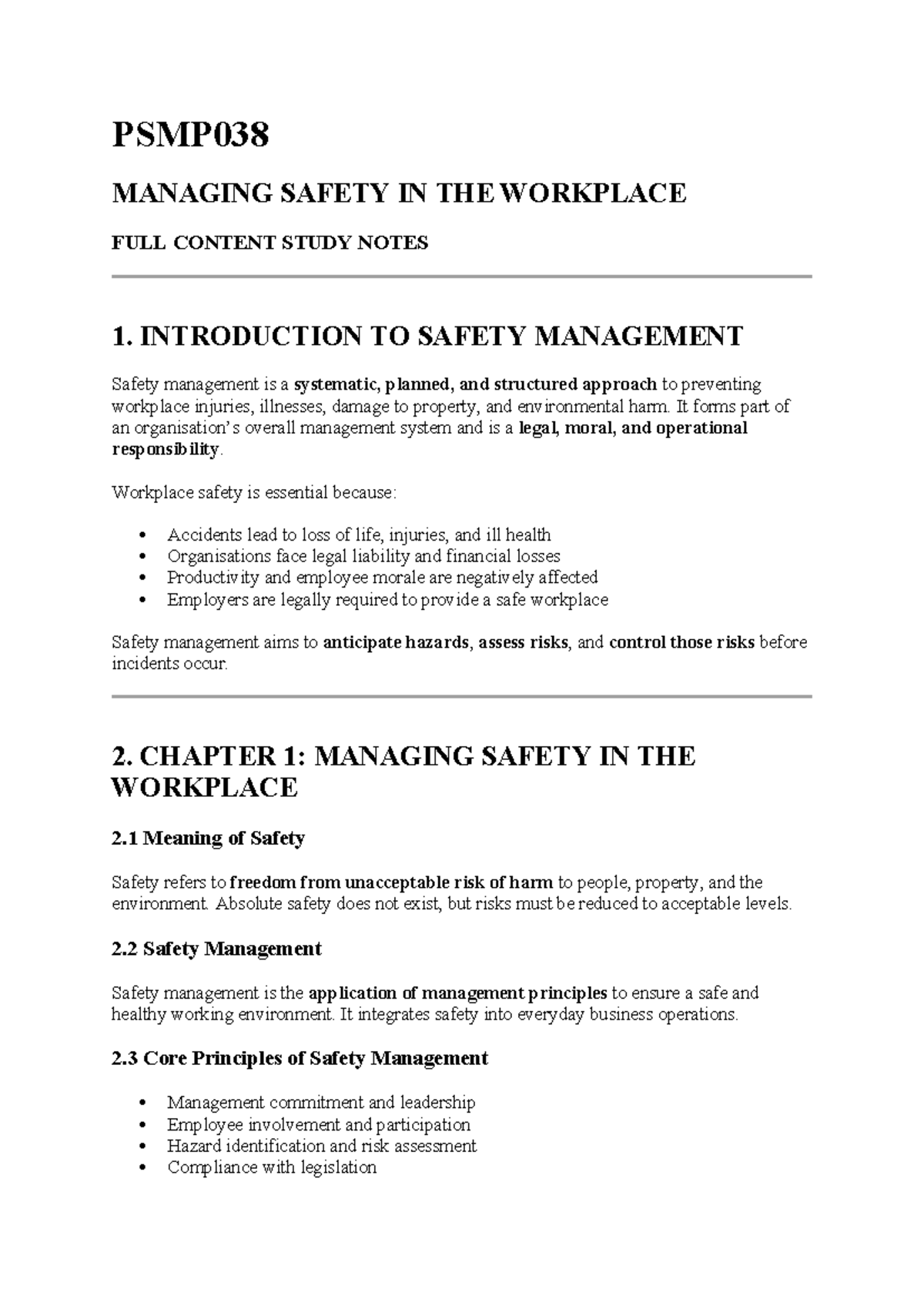 PSMP038 MANAGING SAFETY IN THE WORKPLACE STUDY NOTES - Studocu