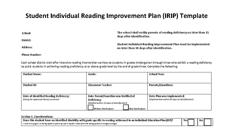 Student Individual Reading Improvement Plan (IRIP) Template - July 2023 ...