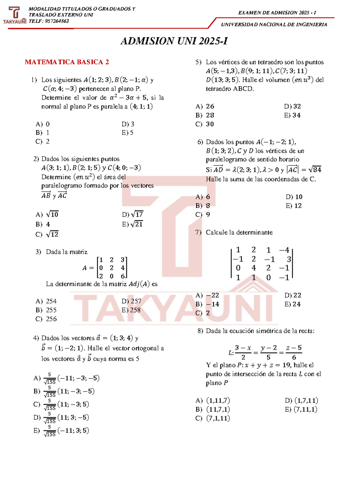 Examen de Admisión UNI 2025 I - Matemática Básica y Cálculo - Studocu