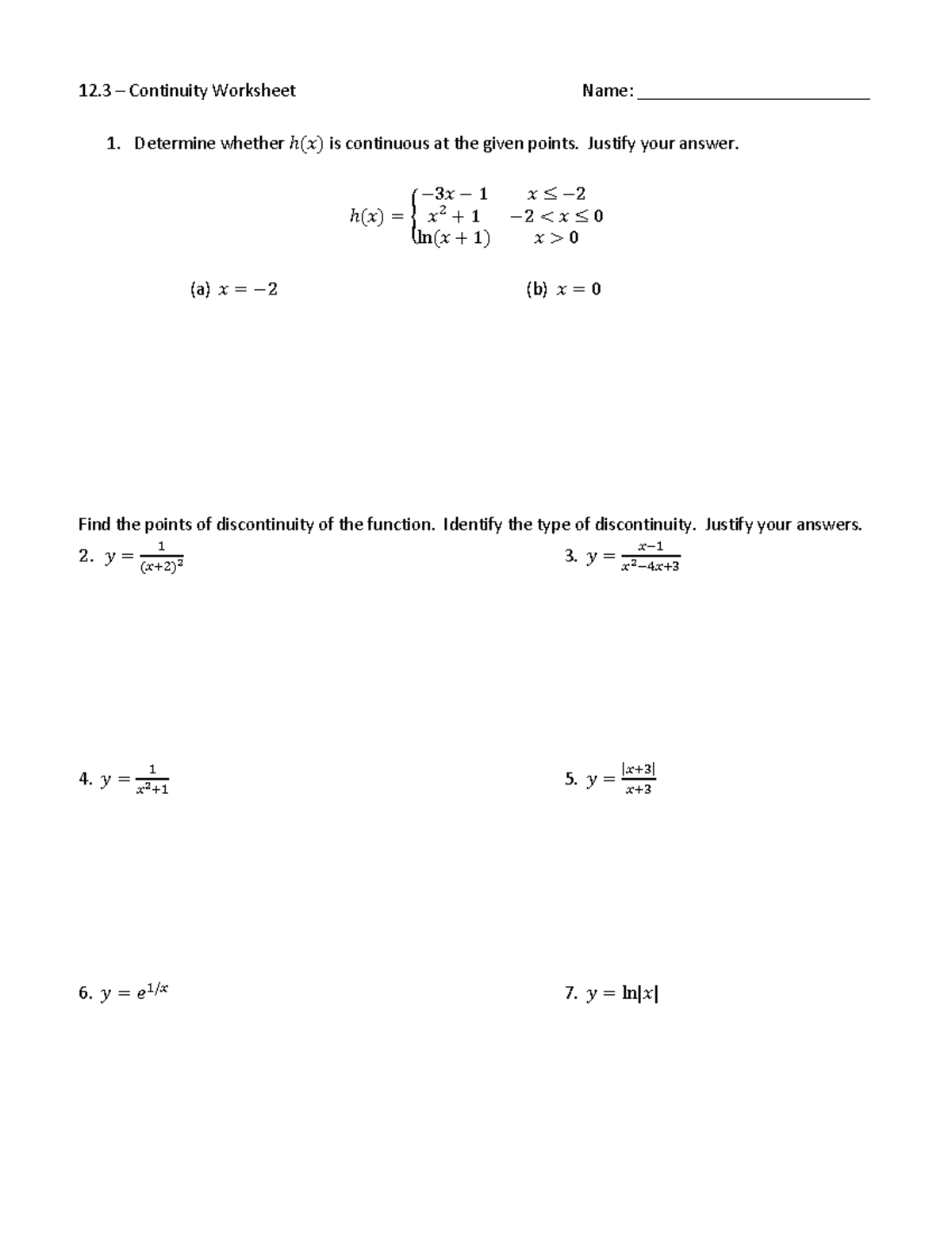 Continuity Worksheet (12.3) - Analyzing Discontinuities and ...