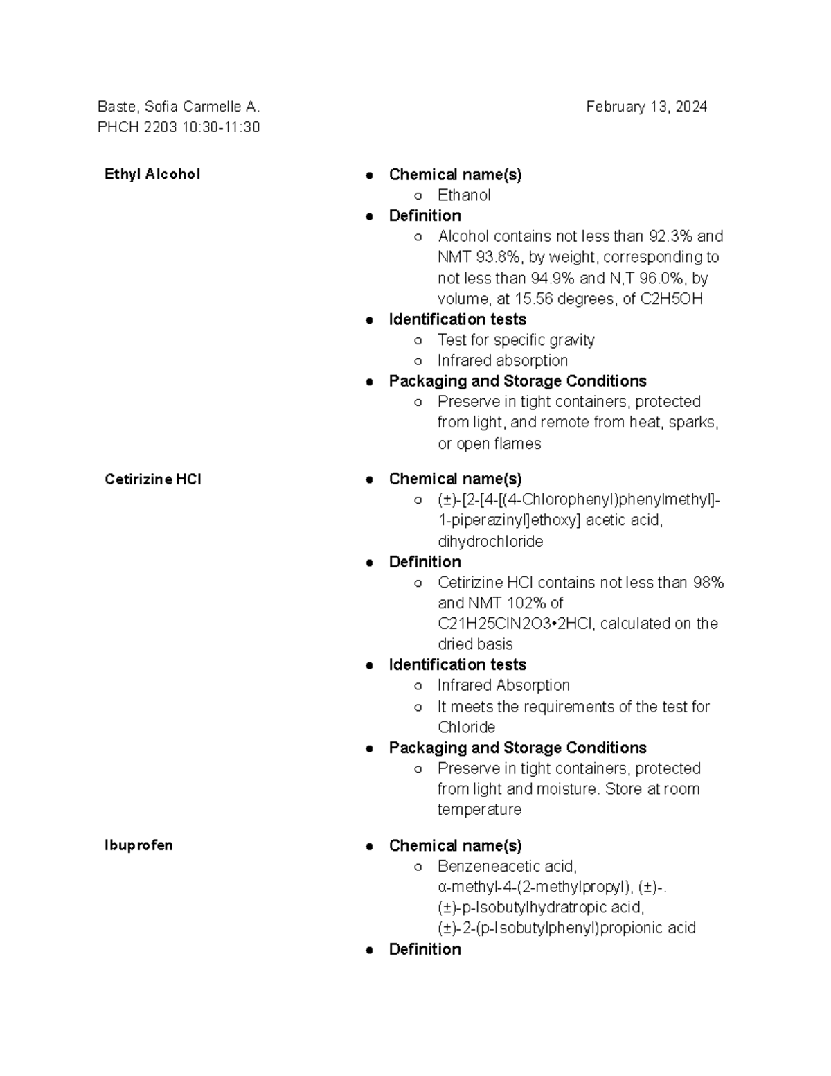 USP Drug Monograph: PHCH 2203 - Ethyl Alcohol & Other Compounds - Studocu
