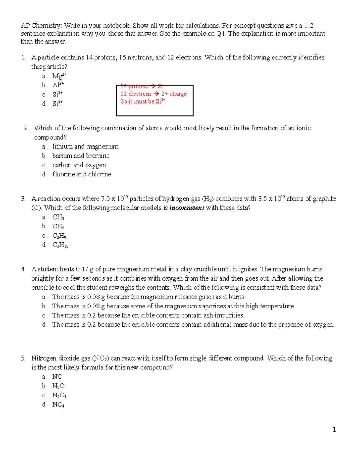 AP Chem HW1 Review Problems - AP Chemistry: Write in your notebook ...
