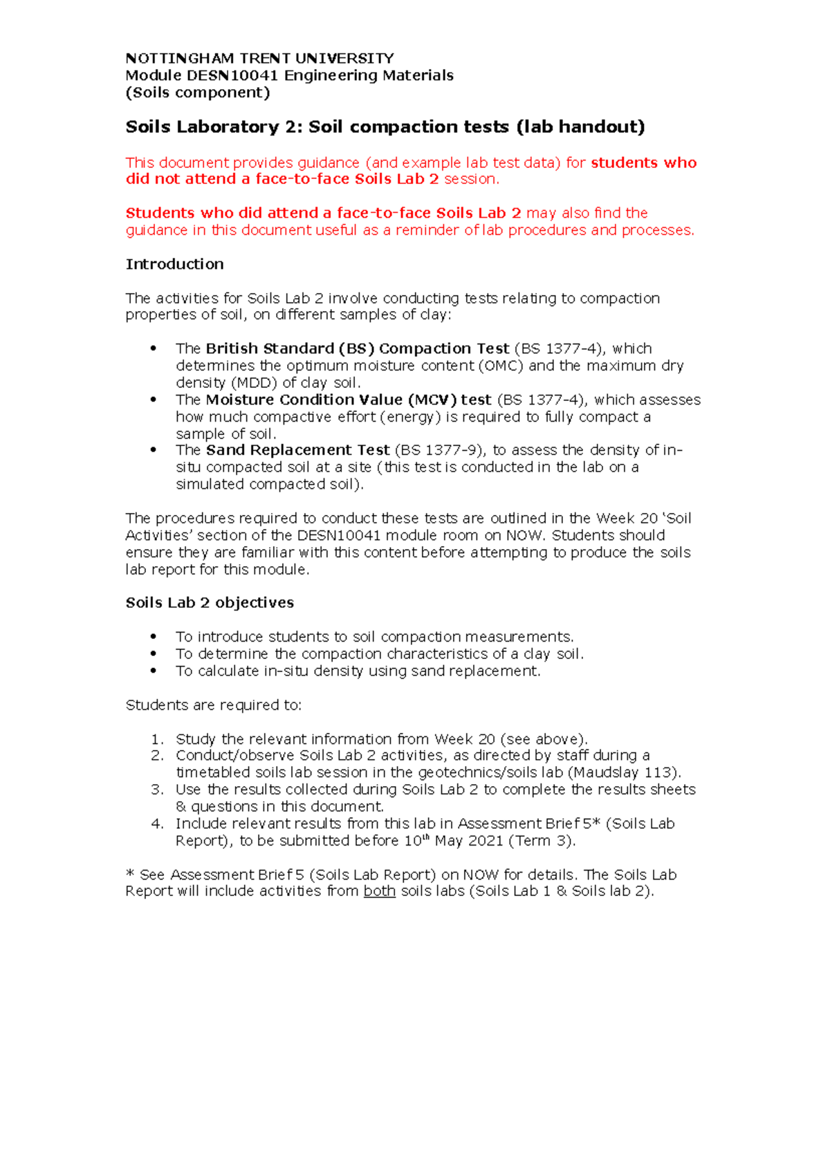 Soils Lab 2 (DESN10041): Compaction Test Guidance & Results - Studocu