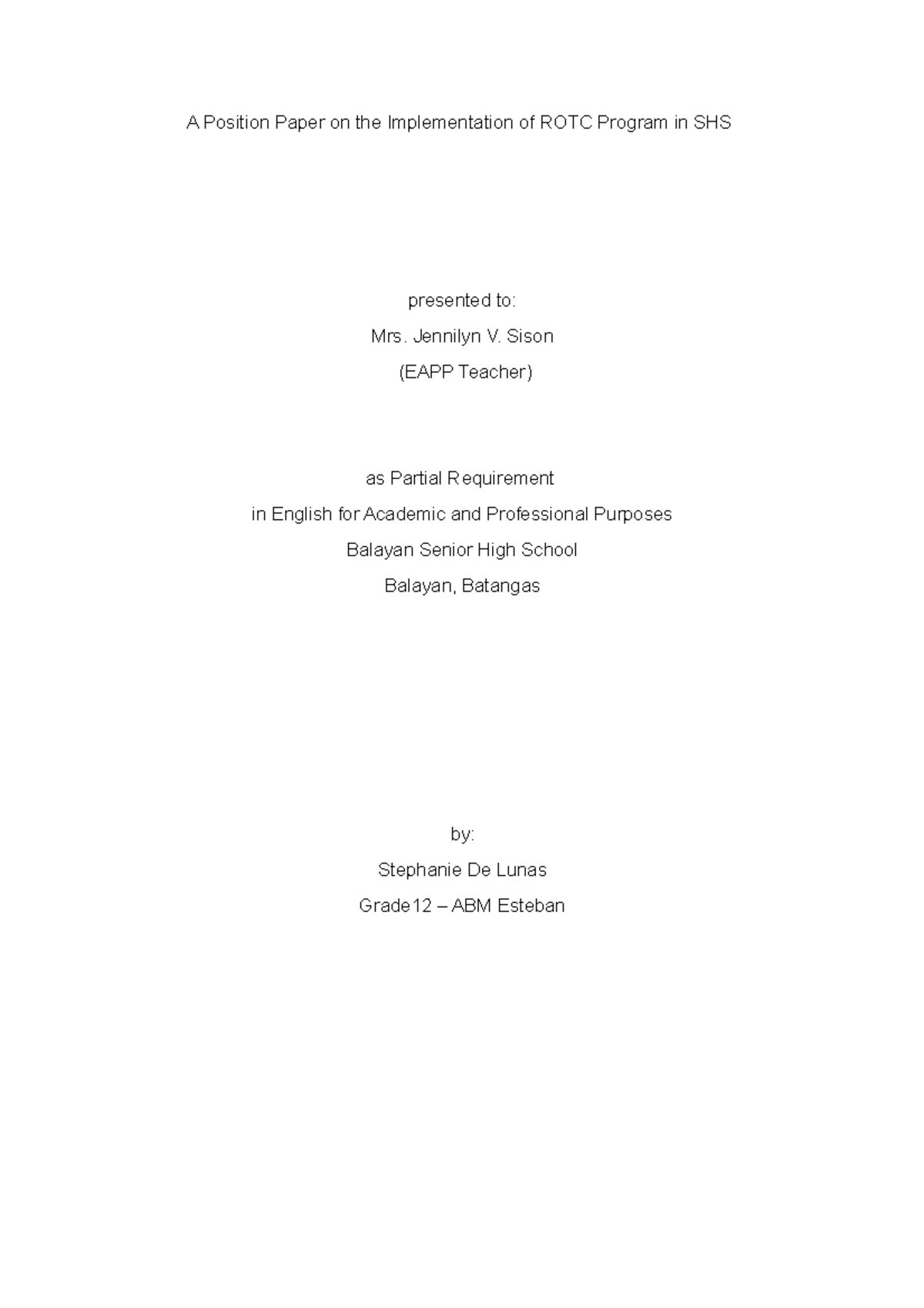 Implementation of ROTC Program in SHS: A Position Paper (EAPP) - Studocu