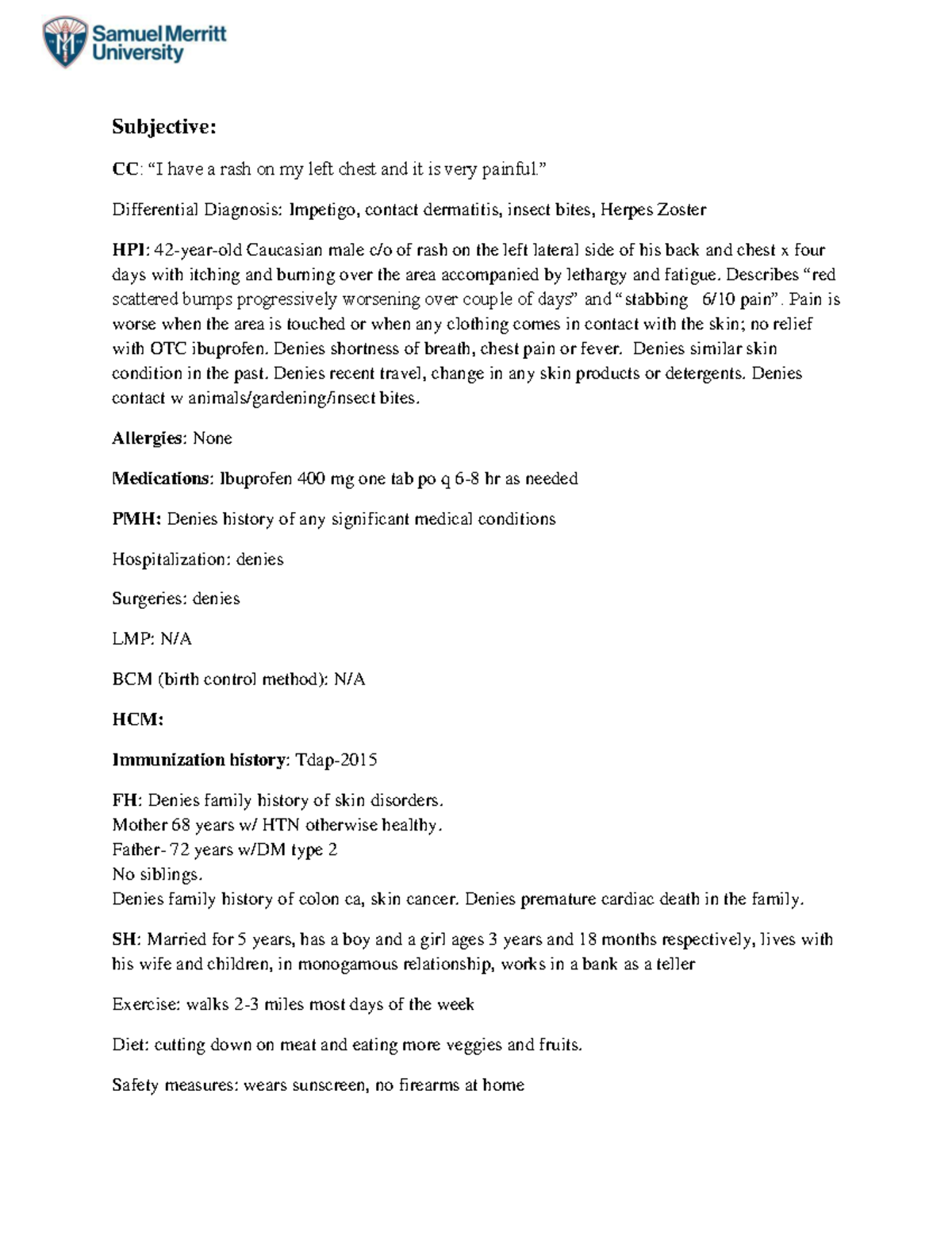 N671 Sample SOAP Note 2023-1 - Subjective: CC: “I have a rash on my ...