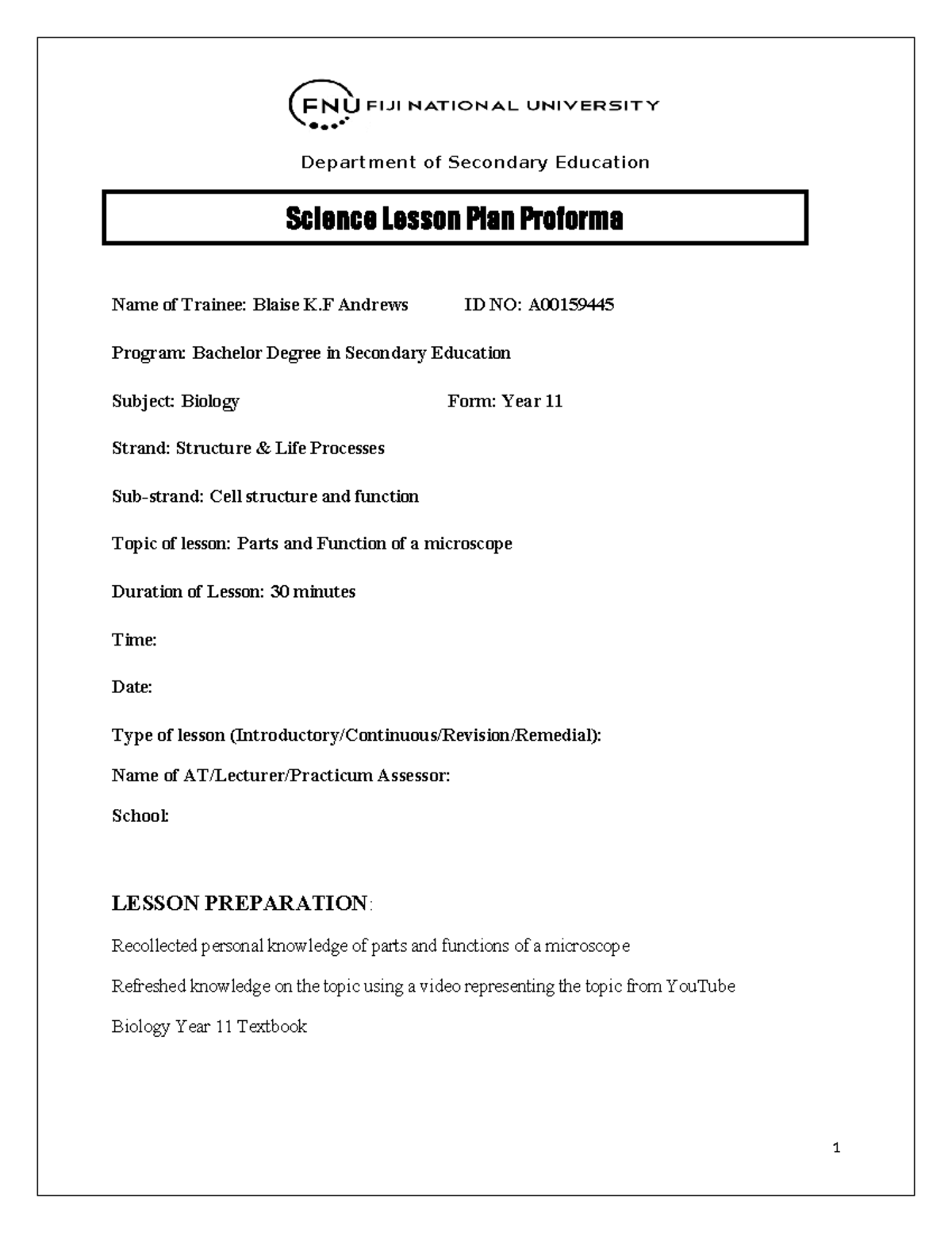 EDU677 Year 11 Biology Lesson Plan: Parts & Functions of a Microscope ...