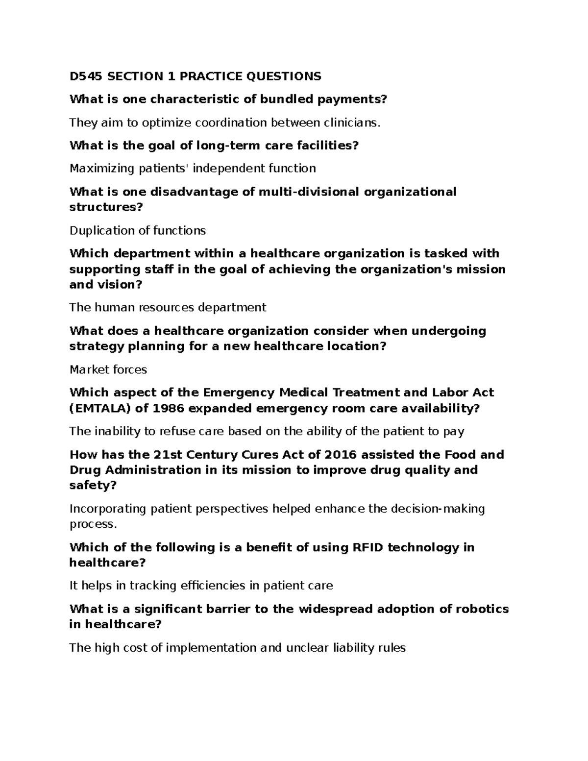 D545 Section 1 Healthcare Practice Questions and Key Concepts - Studocu