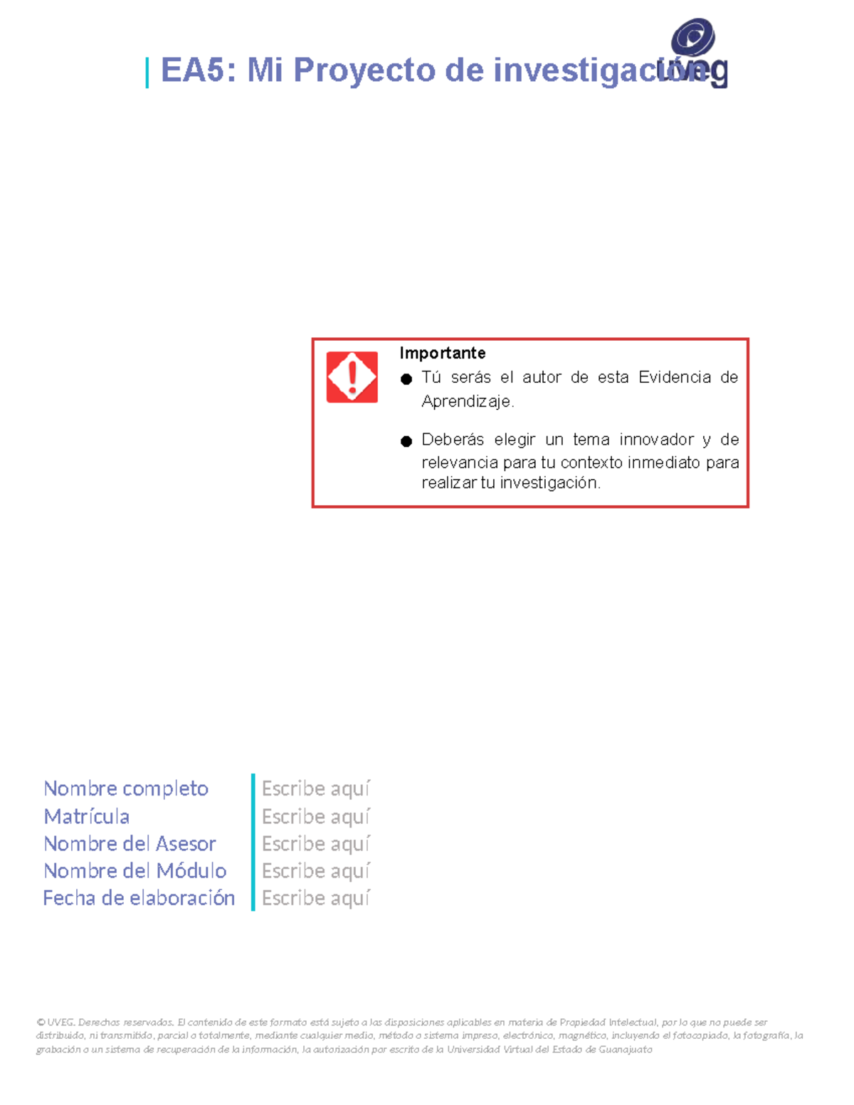 EA5: Formato para Proyecto de Investigación Innovador y Relevante - Studocu