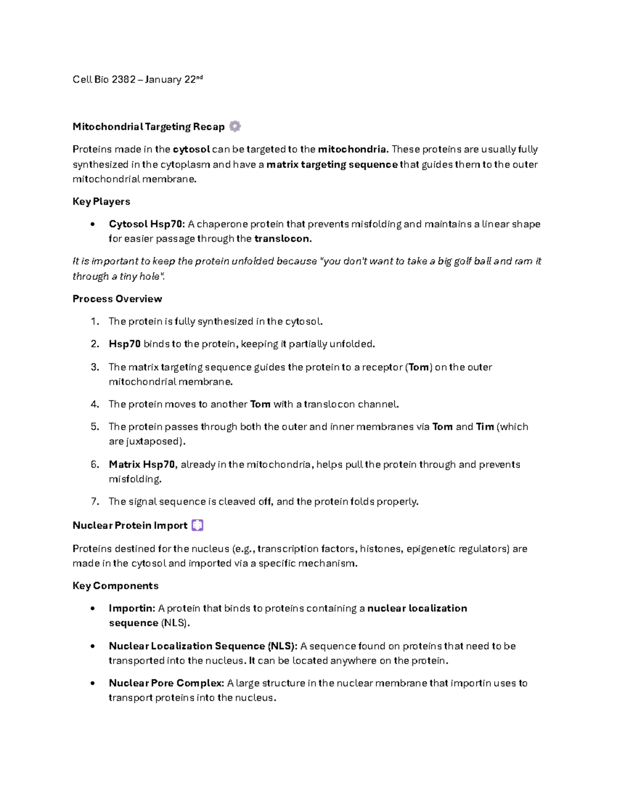 Cell Bio 2382 – Mitochondrial & Nuclear Protein Targeting Overview ...