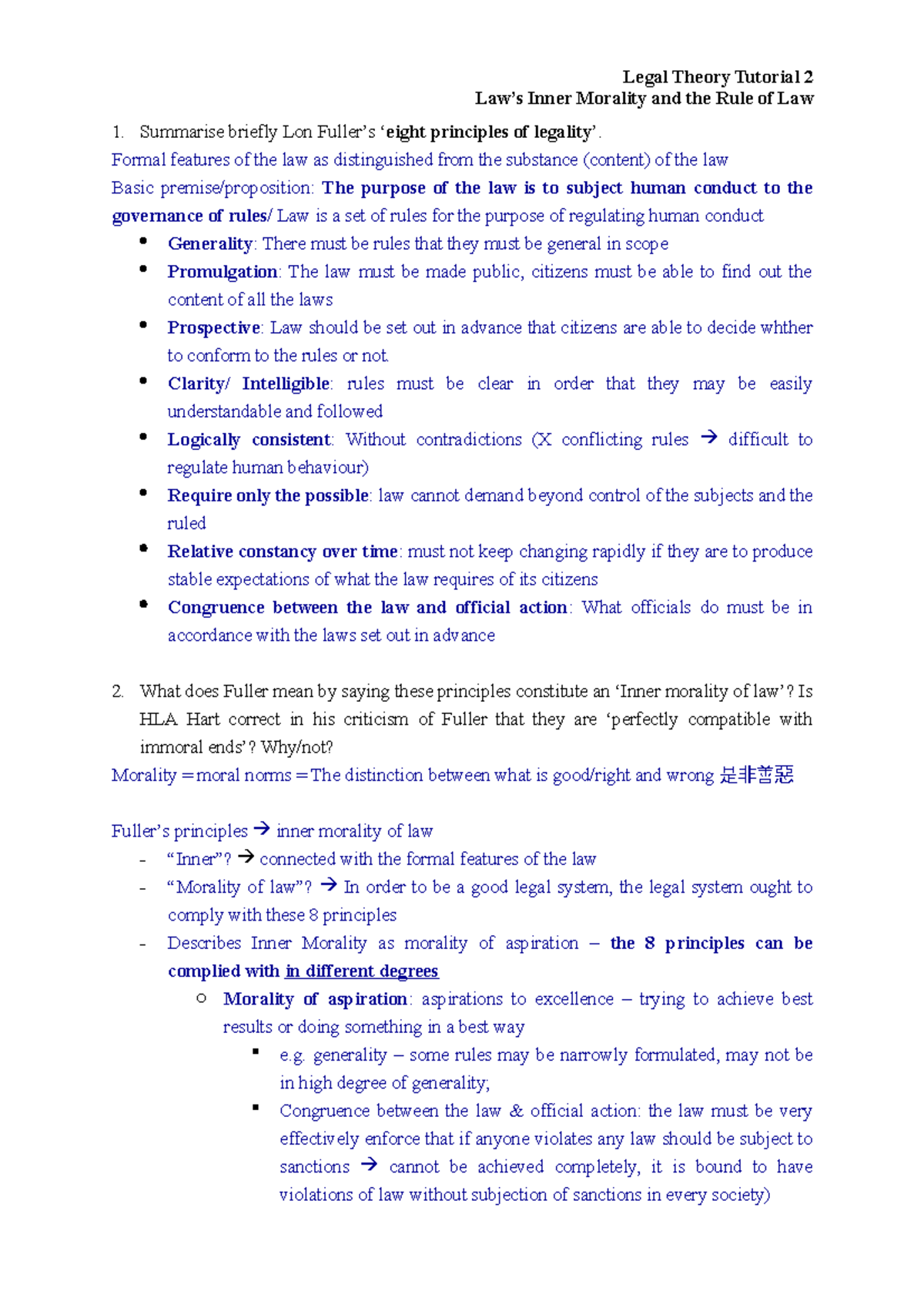 Legal Theory Tutorial 2 - Summarise briefly Lon Fuller’s ‘eight ...