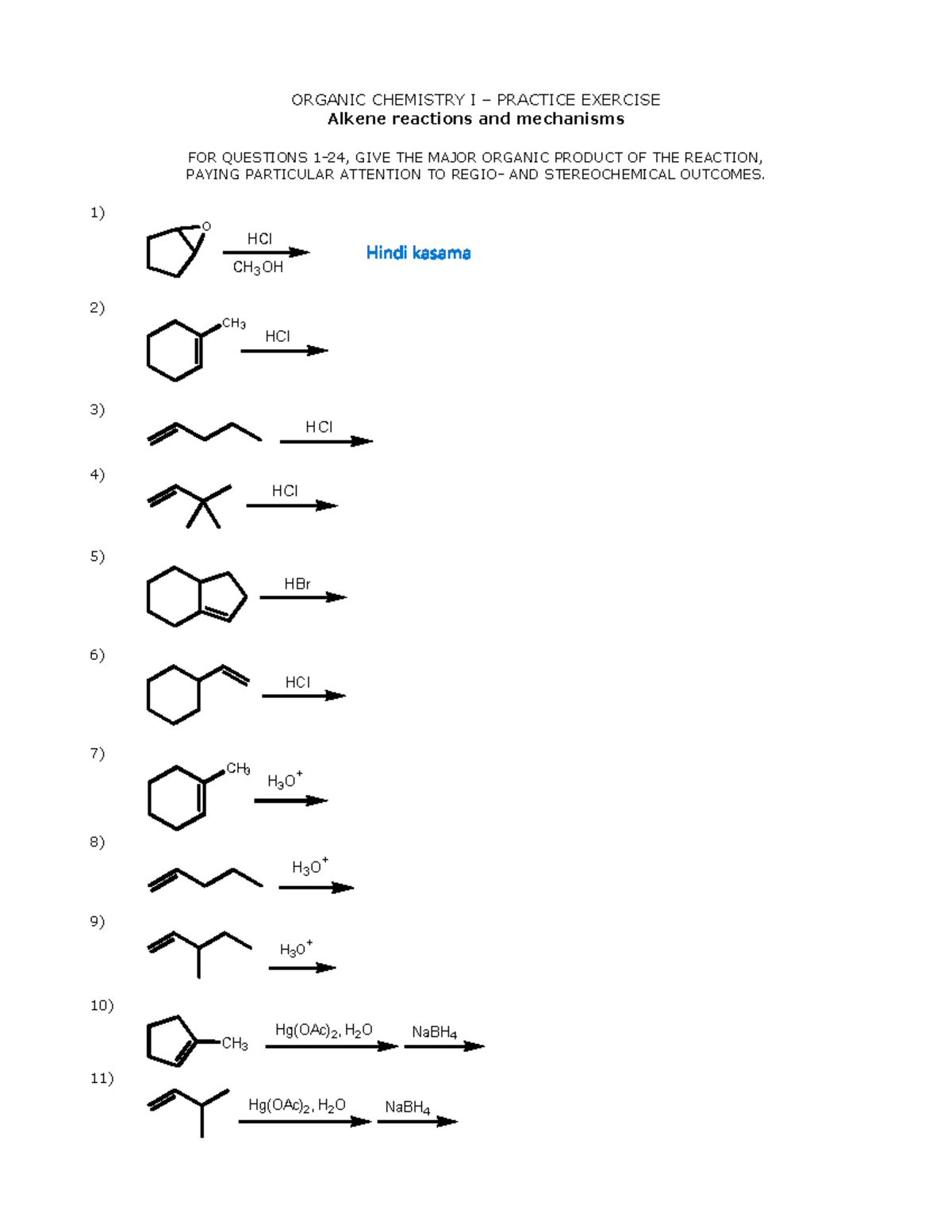 Organic Chemistry I (CHEM 101) Practice Exercise: Alkene Reactions ...