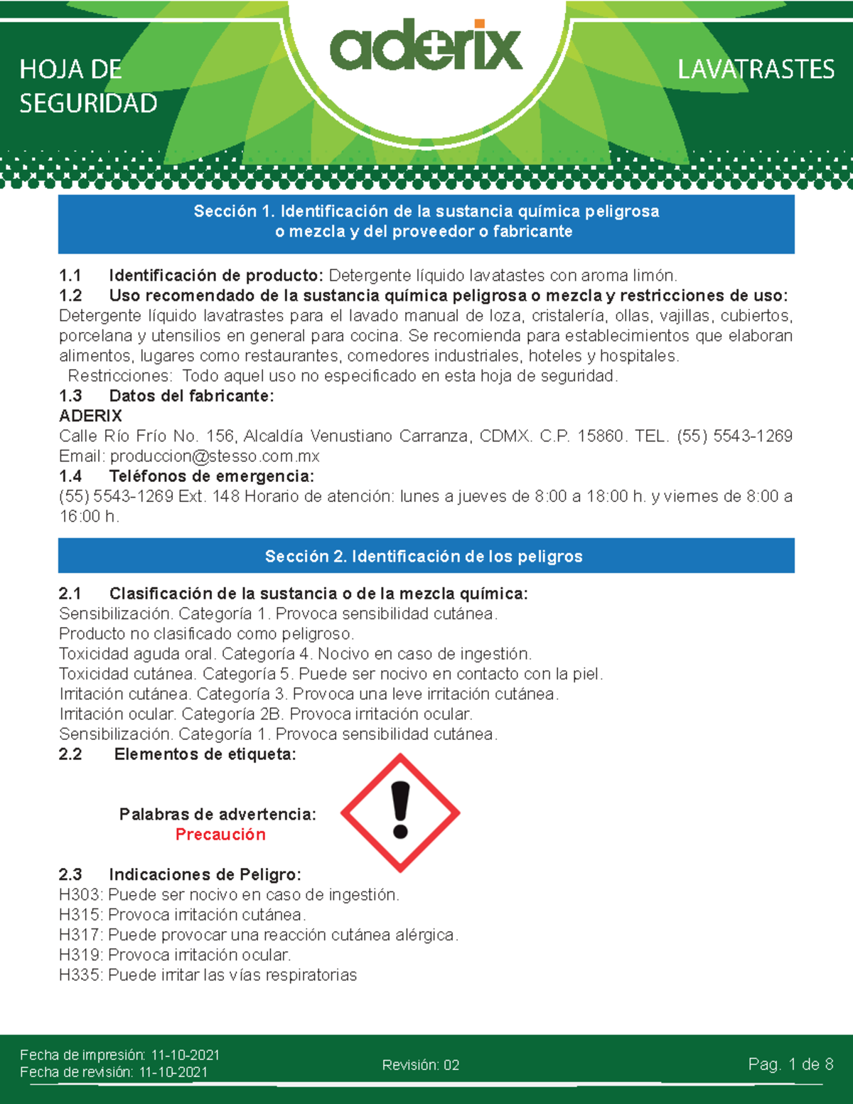 HOJA DE SEGURIDAD LAVATRASTES - Detergente Líquido Axion - Studocu