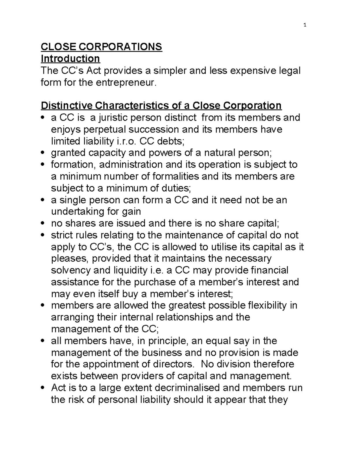 CC 1 - Business Entities Notes on Close Corporations and Their Features ...
