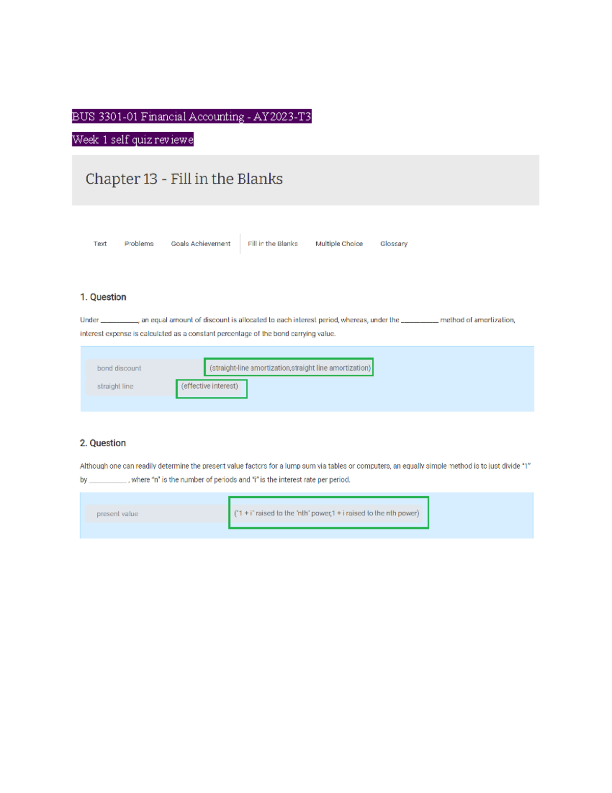 Week 1 self quiz fill in the blanks test reviewer - BUS Financial ...