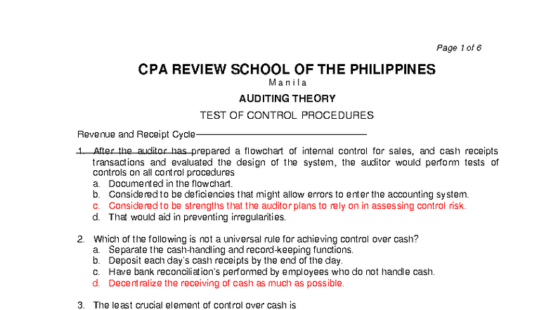CPA 101: Auditing Theory - Test of Control Procedures - Studocu