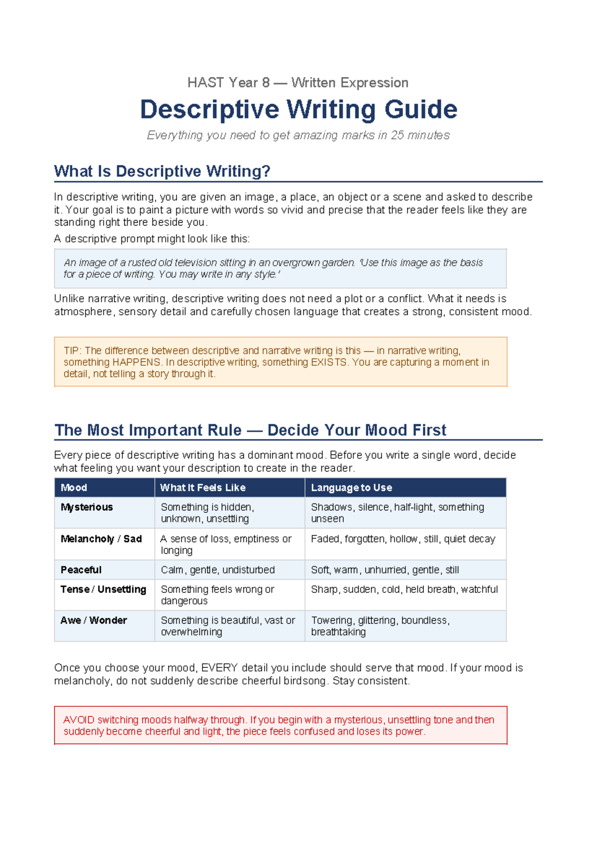 HAST Year 8 Descriptive Writing Guide for High Marks - Studocu